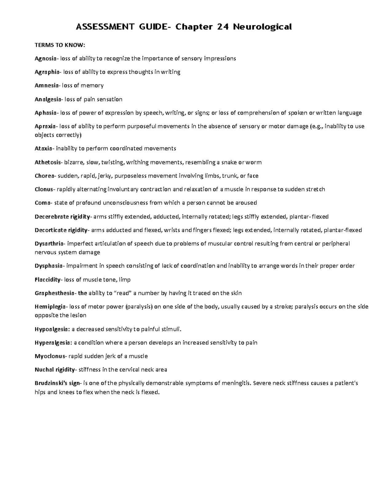 Assessment Guide- Chapter 24 Neurological - TERMS TO KNOW: Agnosia ...