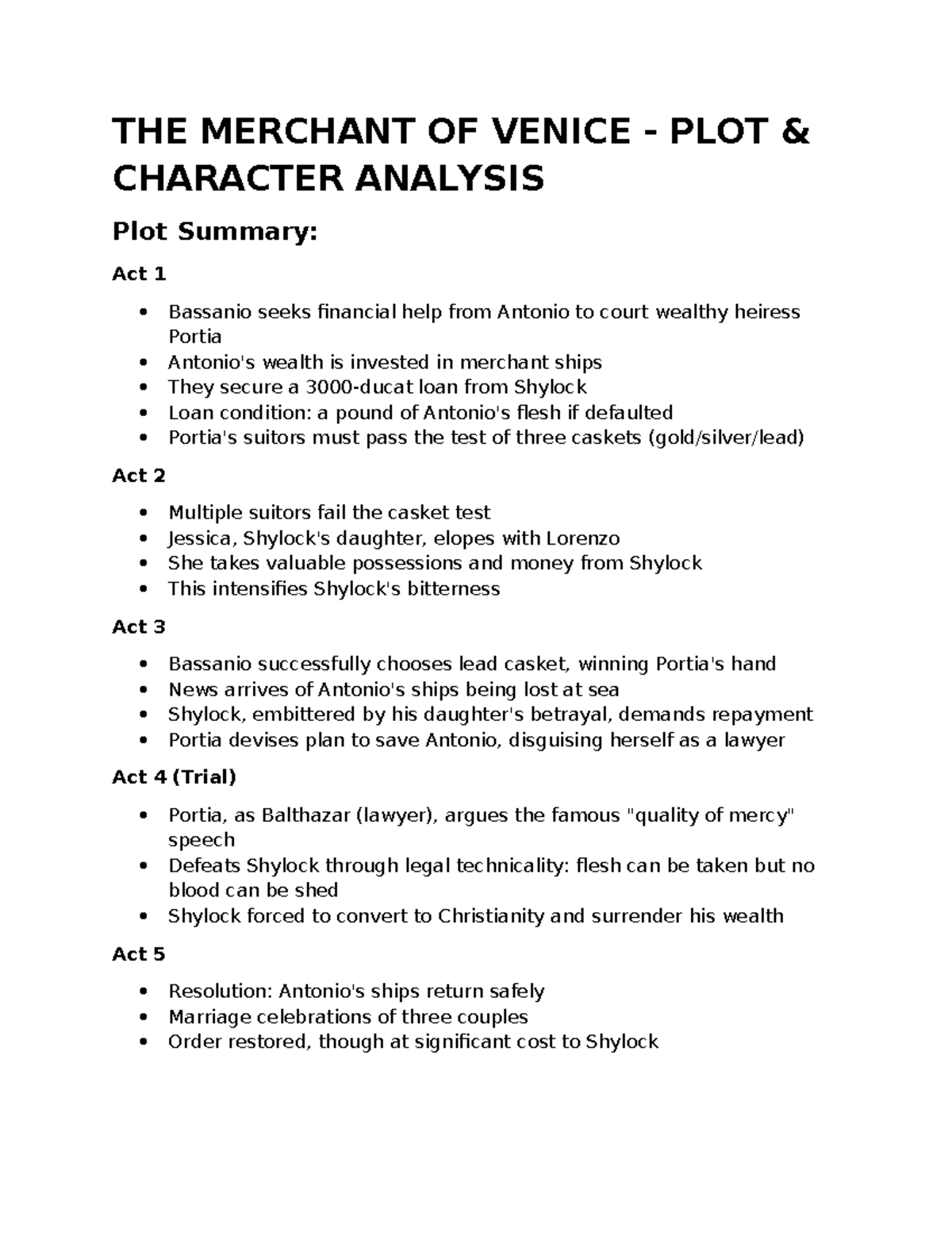 MV summary - THE MERCHANT OF VENICE - PLOT & CHARACTER ANALYSIS Plot ...