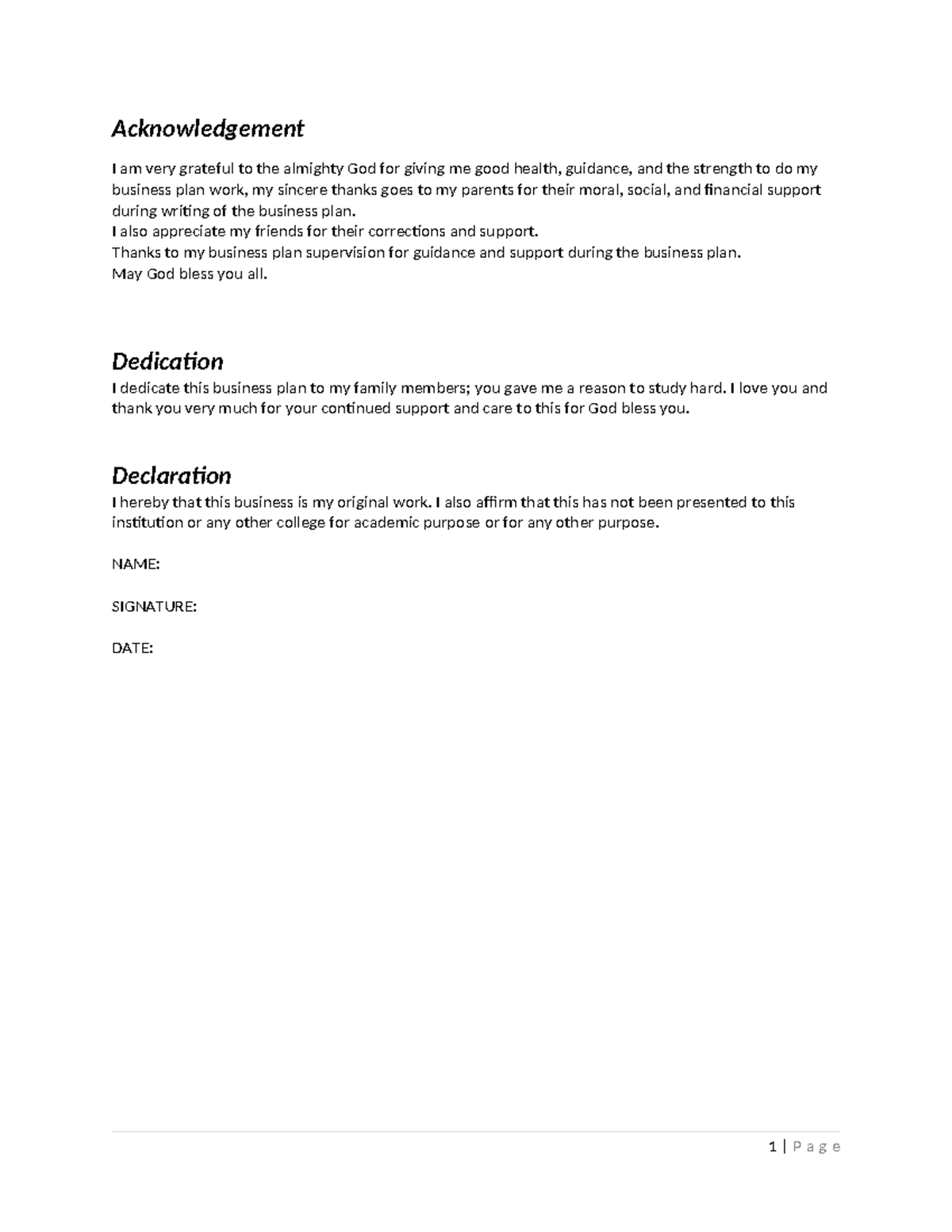 Hilda's business plan - Acknowledgement I am very grateful to the ...