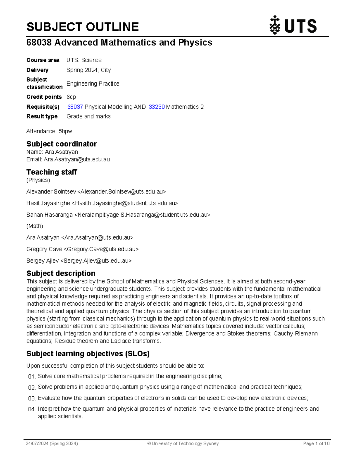 68038 Advanced Mathematics and Physics - Spring 2024 - SUBJECT OUTLINE ...