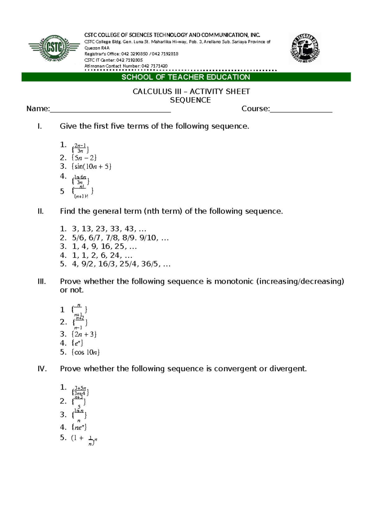 Calculus-III Sequence - CSTC COLLEGE OF SCIENCES TECHNOLOGY AND ...