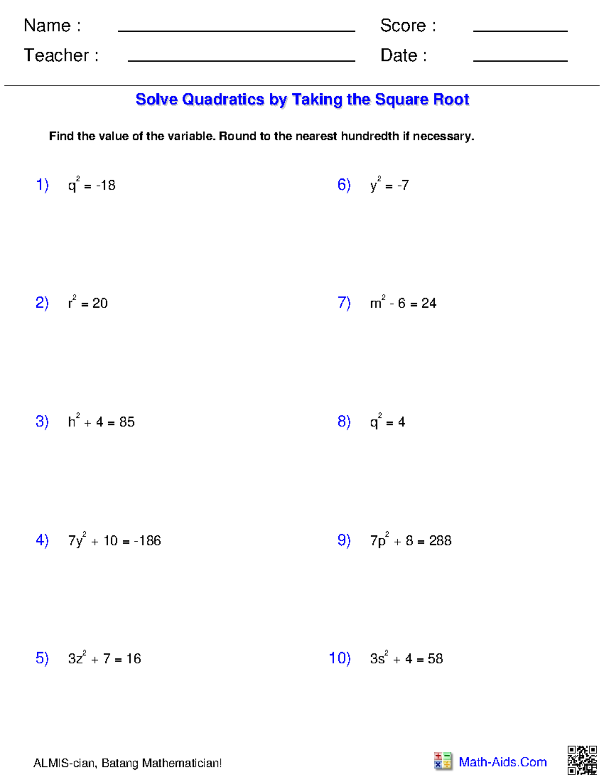 Activity - Taking the Square Root (Difficult) - Name : Teacher : Date ...