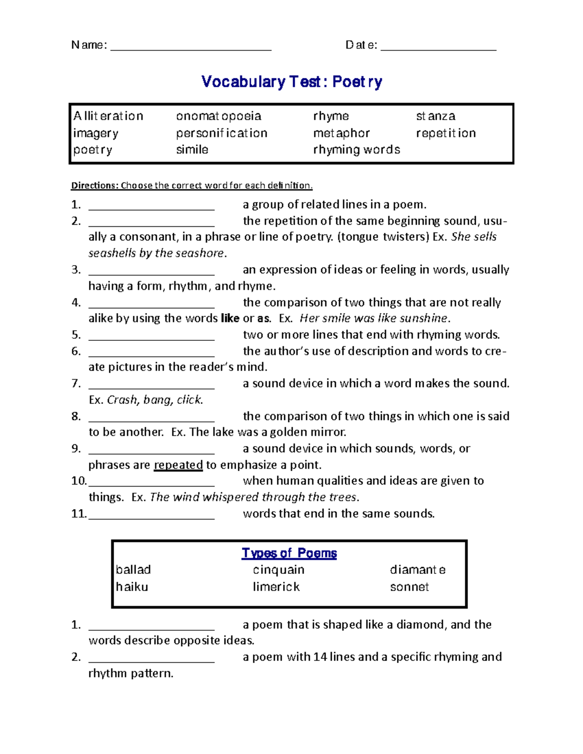 Typesof Poemsand Poetry Terms Test-1 - Name ...