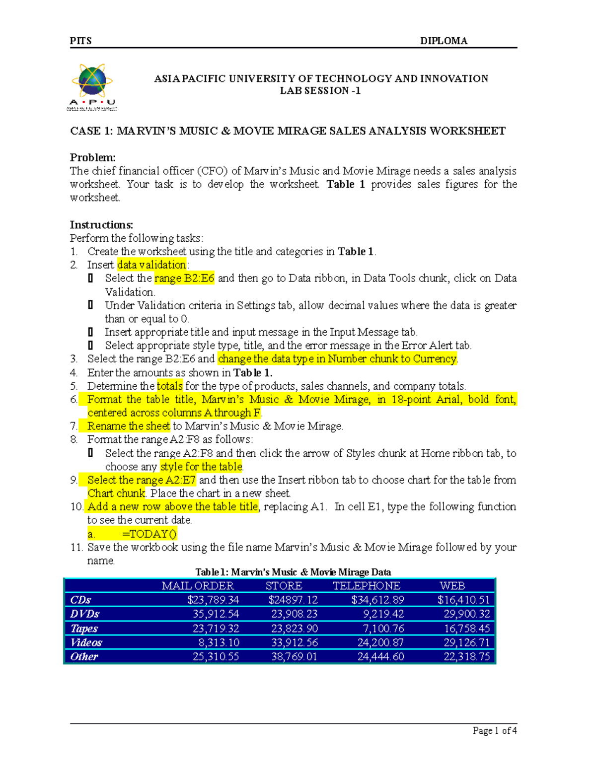 Week 2 Lab 01-Excel Part 1 - ASIA PACIFIC UNIVERSITY OF TECHNOLOGY AND ...