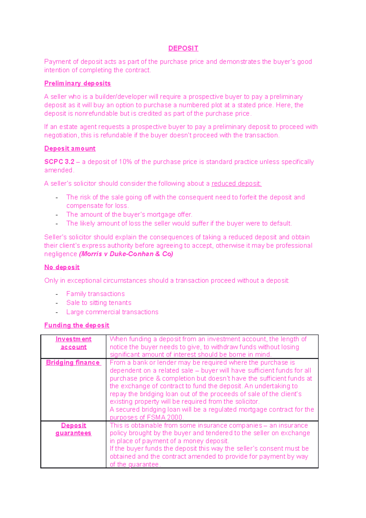 Deposit - notes - Summary - DEPOSIT Payment of deposit acts as part of ...