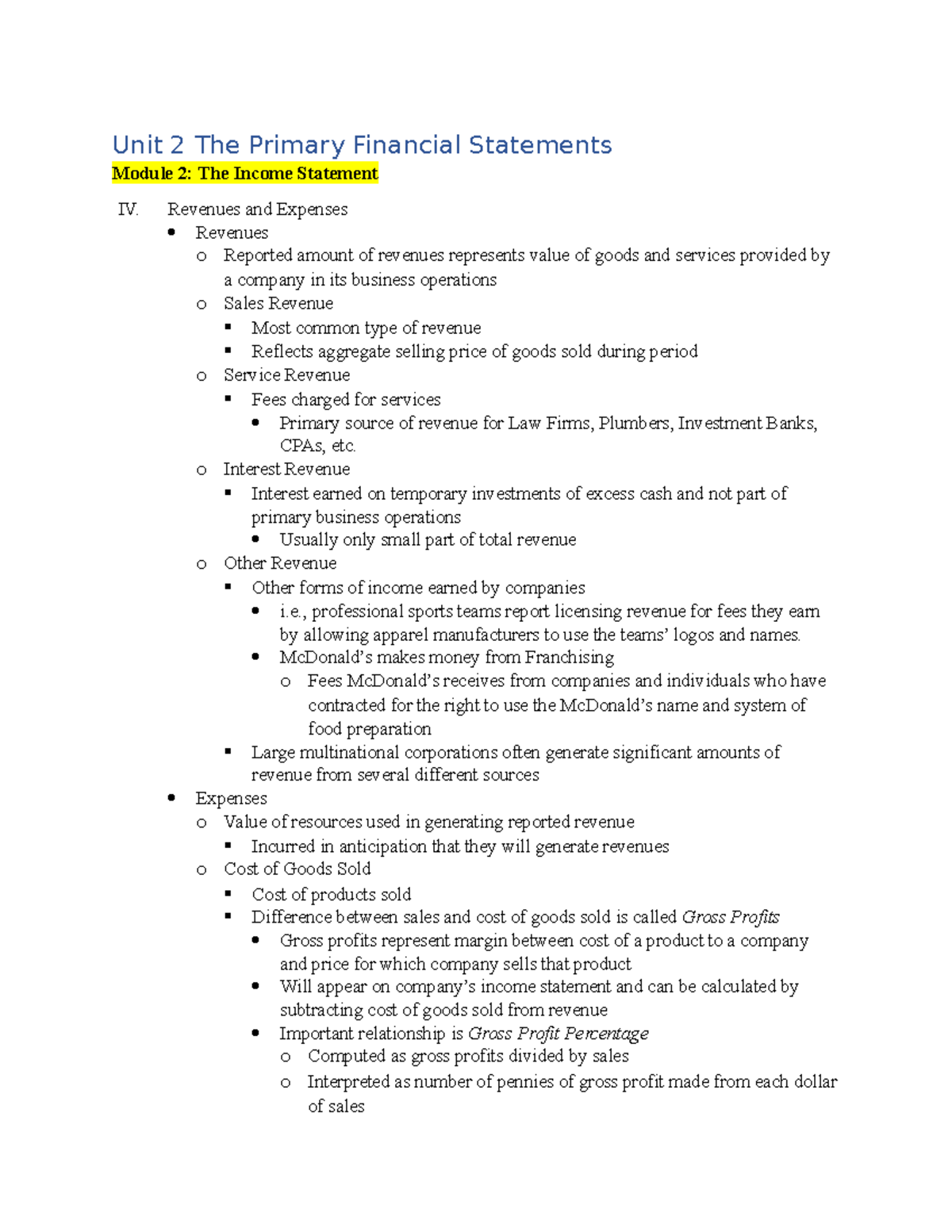 Unit 2 Module 2 Notes - Unit 2 The Primary Financial Statements Module ...