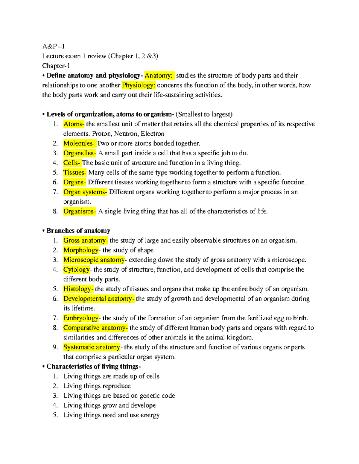 Anatomy Study Guide Exam 1 - A&P –I Lecture exam 1 review (Chapter 1, 2 ...