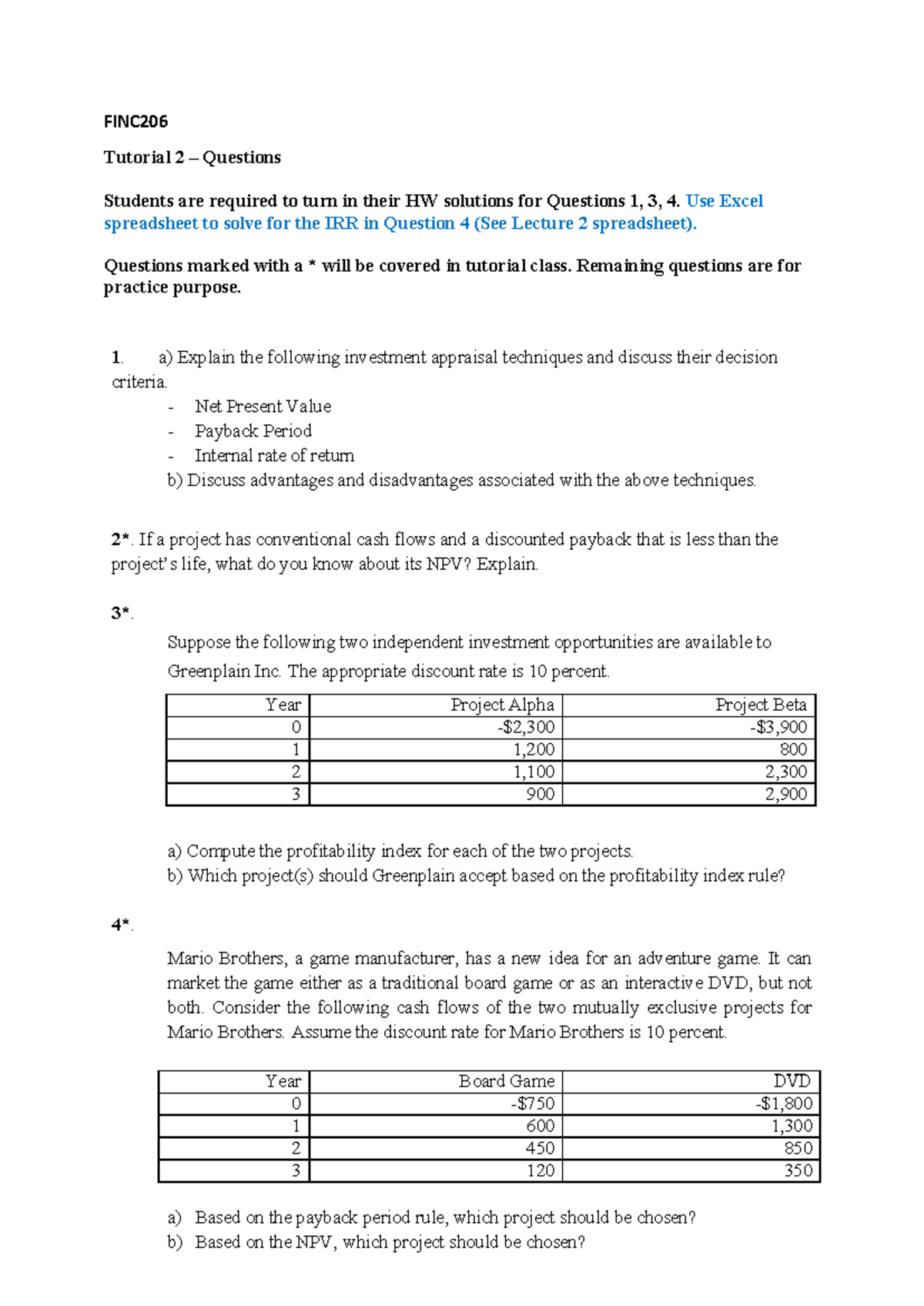 Tutorial 2 Questions - FINC Tutorial 2 – Questions Students are ...