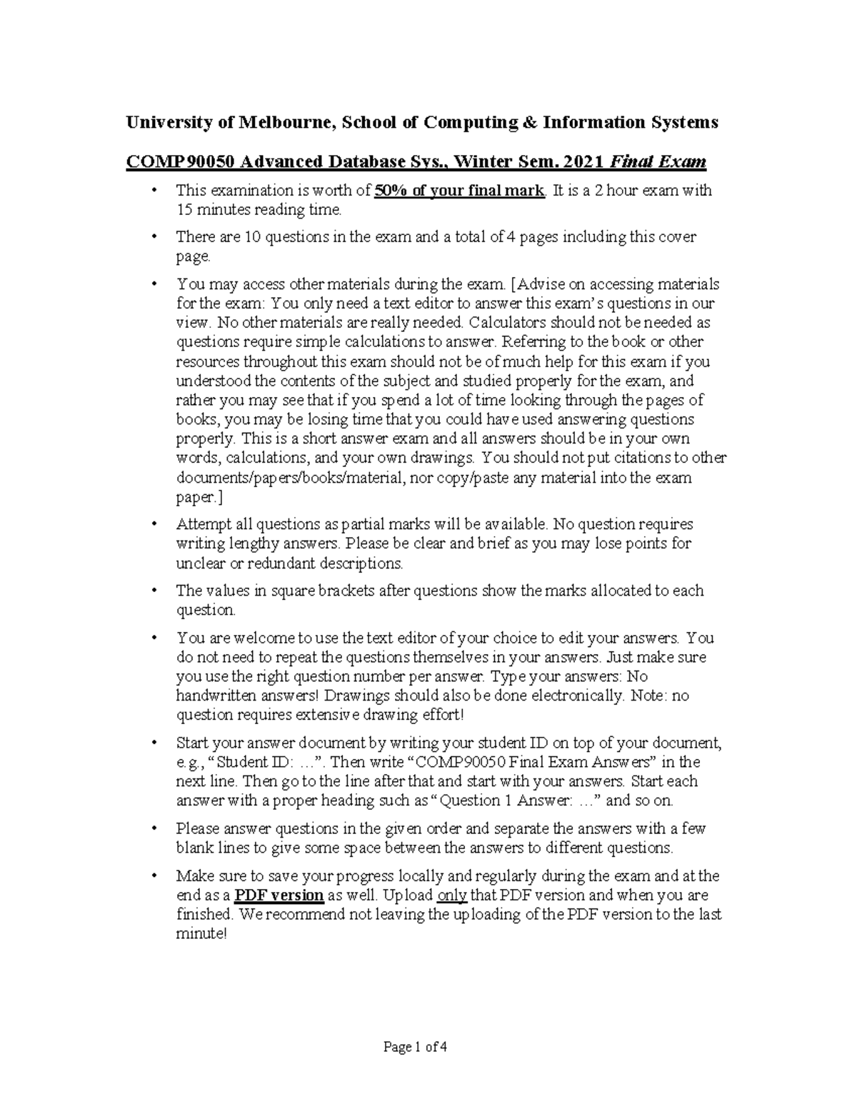 Fe - Final exam paper for winter term - University of Melbourne, School ...