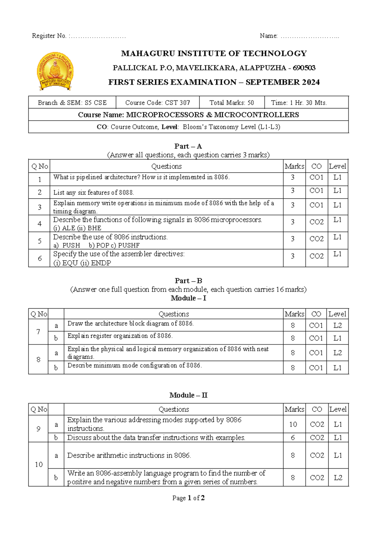 MPMC ST1 QS set 2 - notes - Register No. :........................ Name