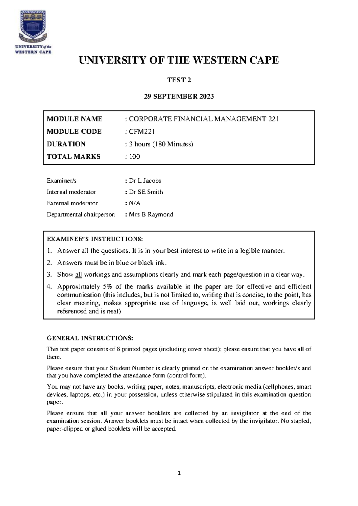 CFM 221 2023 Term Test 2 moderated 1 - UNIVERSITY OF THE WESTERN CAPE ...
