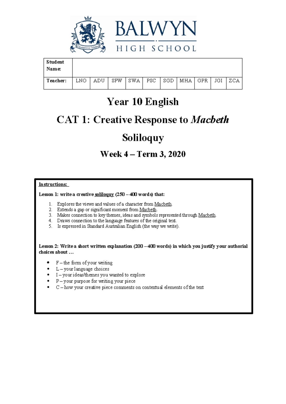 00. CAT 1 Creative Response Macbeth Task Outline - Year 10 English CAT ...