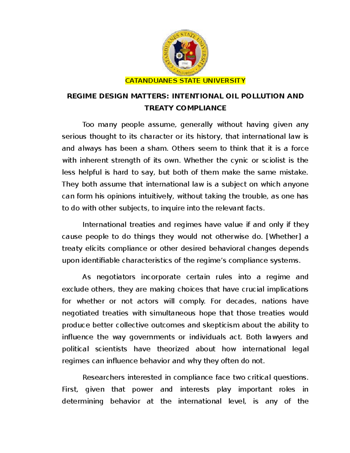 THE Regime Design Matters ( Intentional OIL Pollution AND Treaty ...