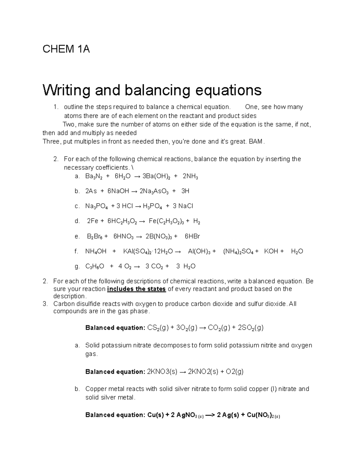 Notes 8 balancing equations - CHEM 1A Writing and balancing equations ...