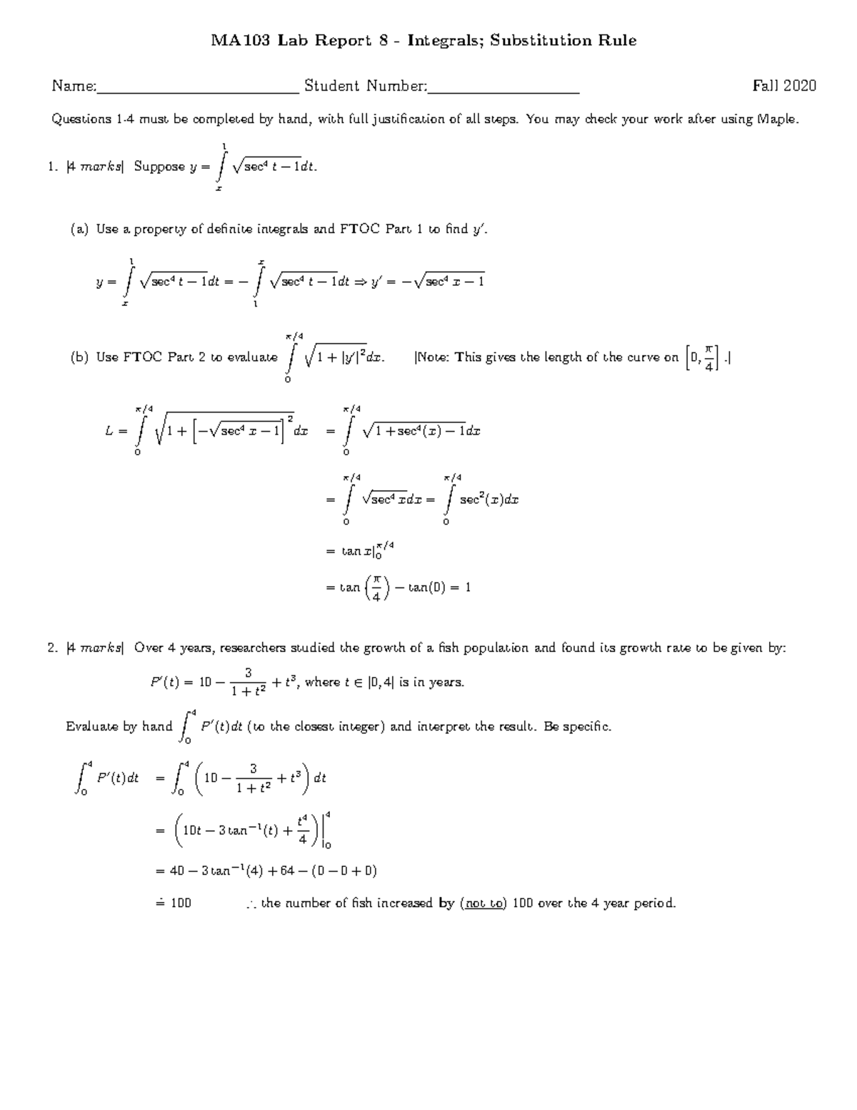 103Lab08Soln - sols - MA103 Lab Report 8 - Integrals; Substitution Rule ...