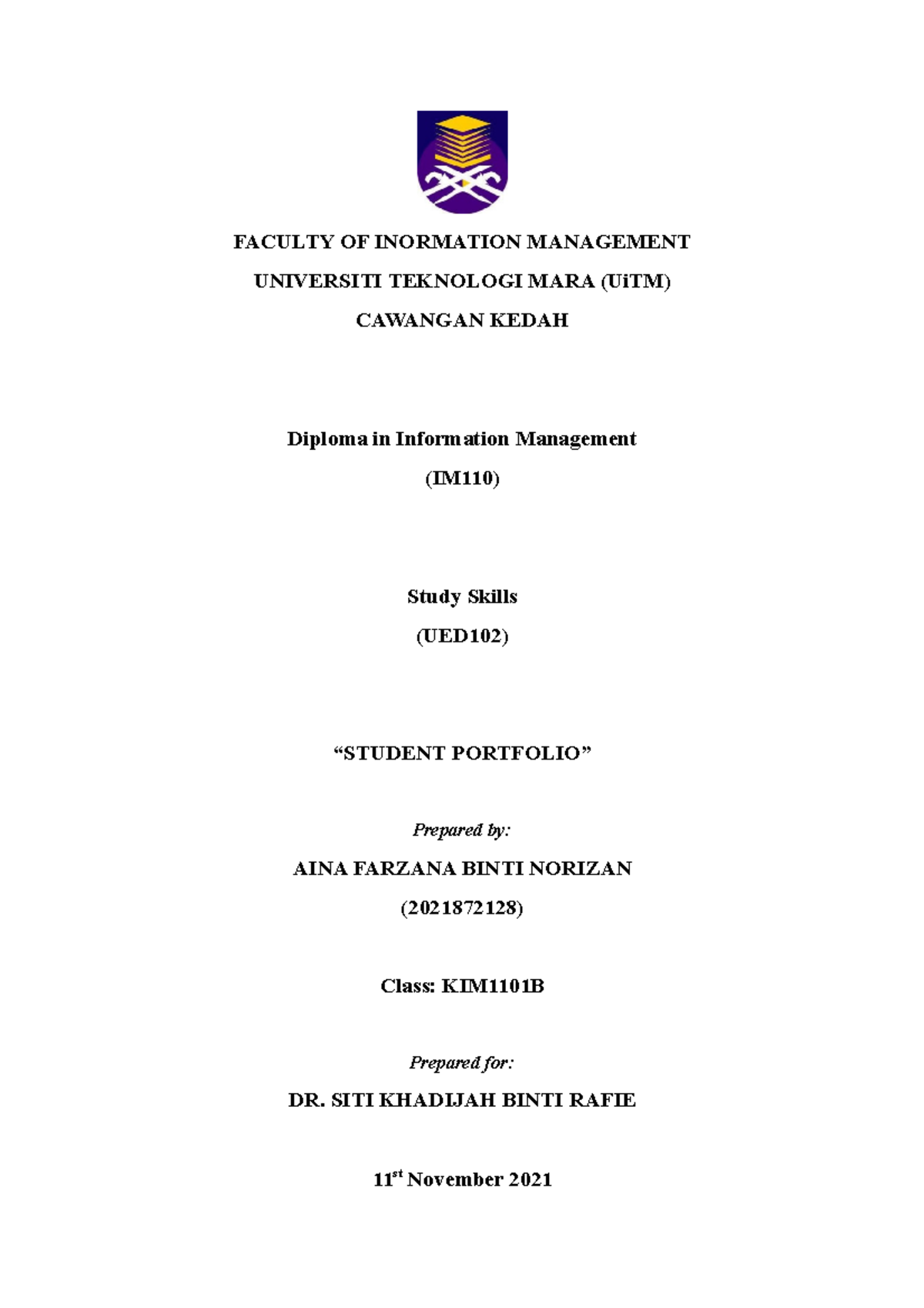 UED102 AINA - Assignment examples - Information Management - UiTM - Studocu