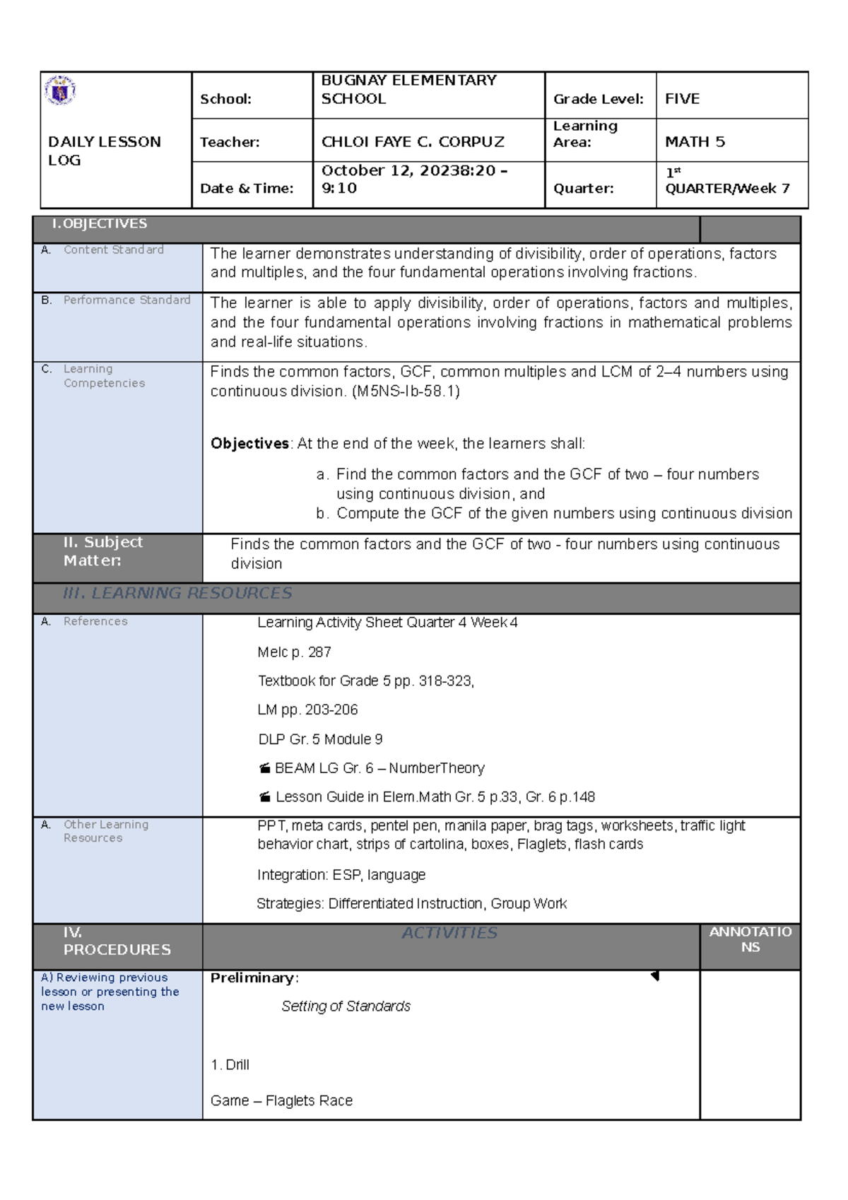 COT MATH 5 - Class Observation Lesson - DAILY LESSON LOG School: BUGNAY ...
