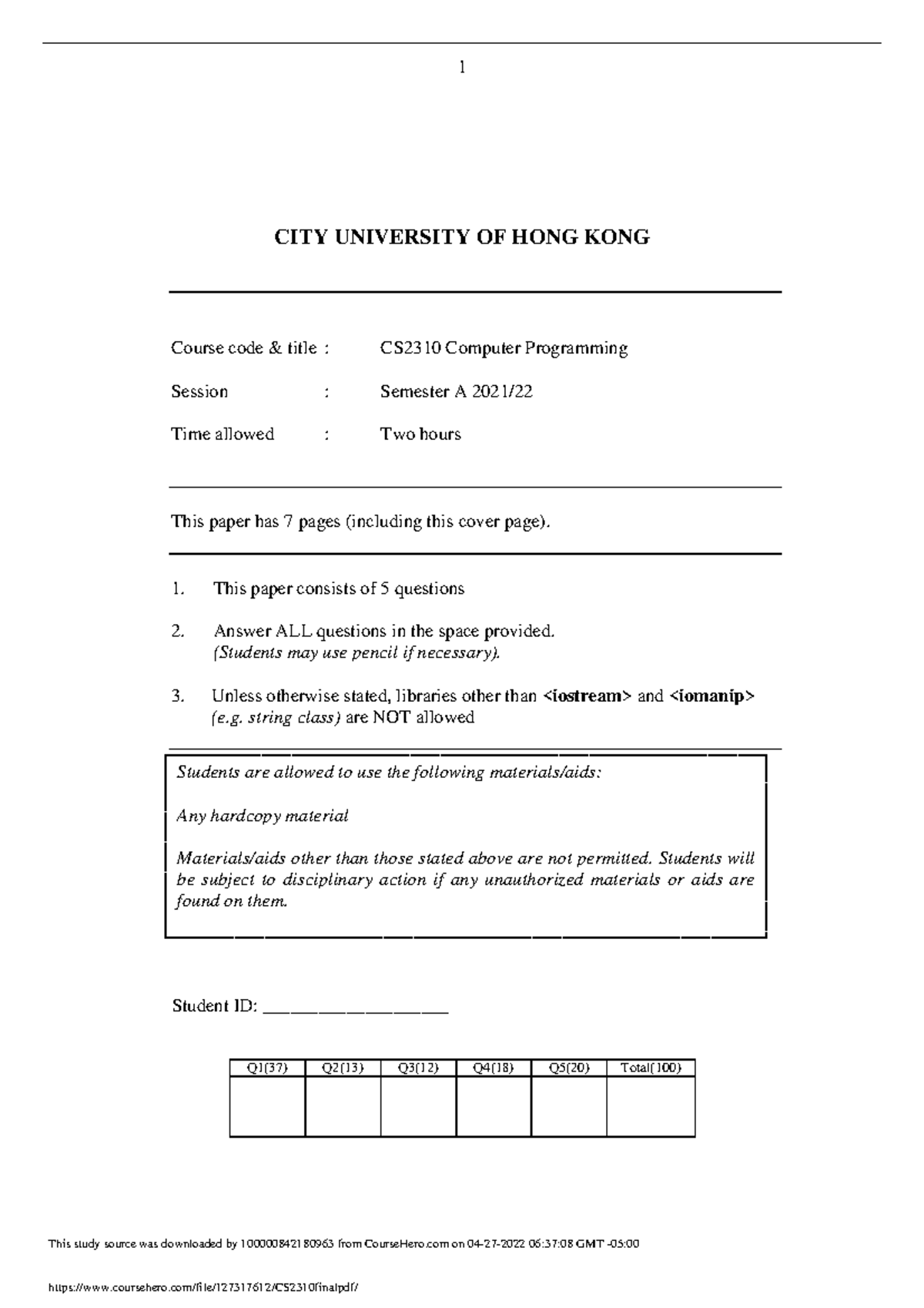 CS2310 final exam question - CITY UNIVERSITY OF HONG KONG Course code & title : CS2310 Computer ...