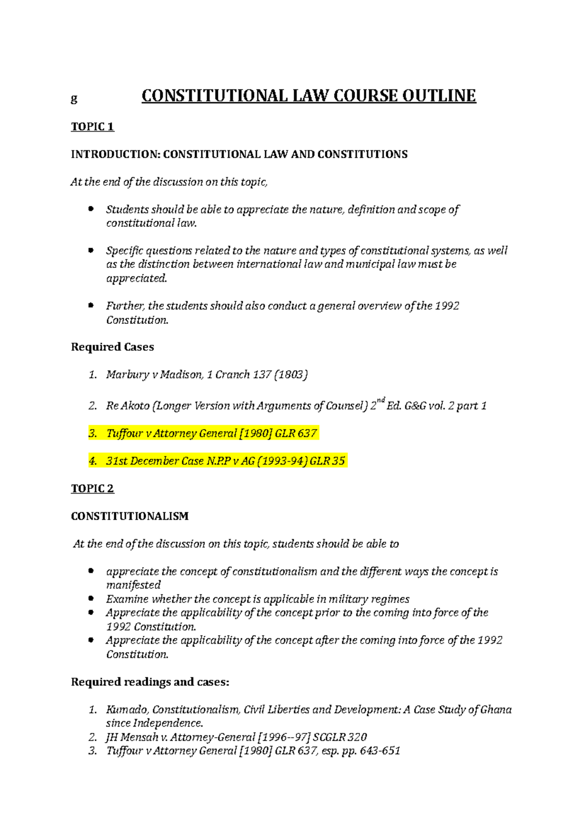 CON LAW Outline Edited - g CONSTITUTIONAL LAW COURSE OUTLINE TOPIC 1 ...