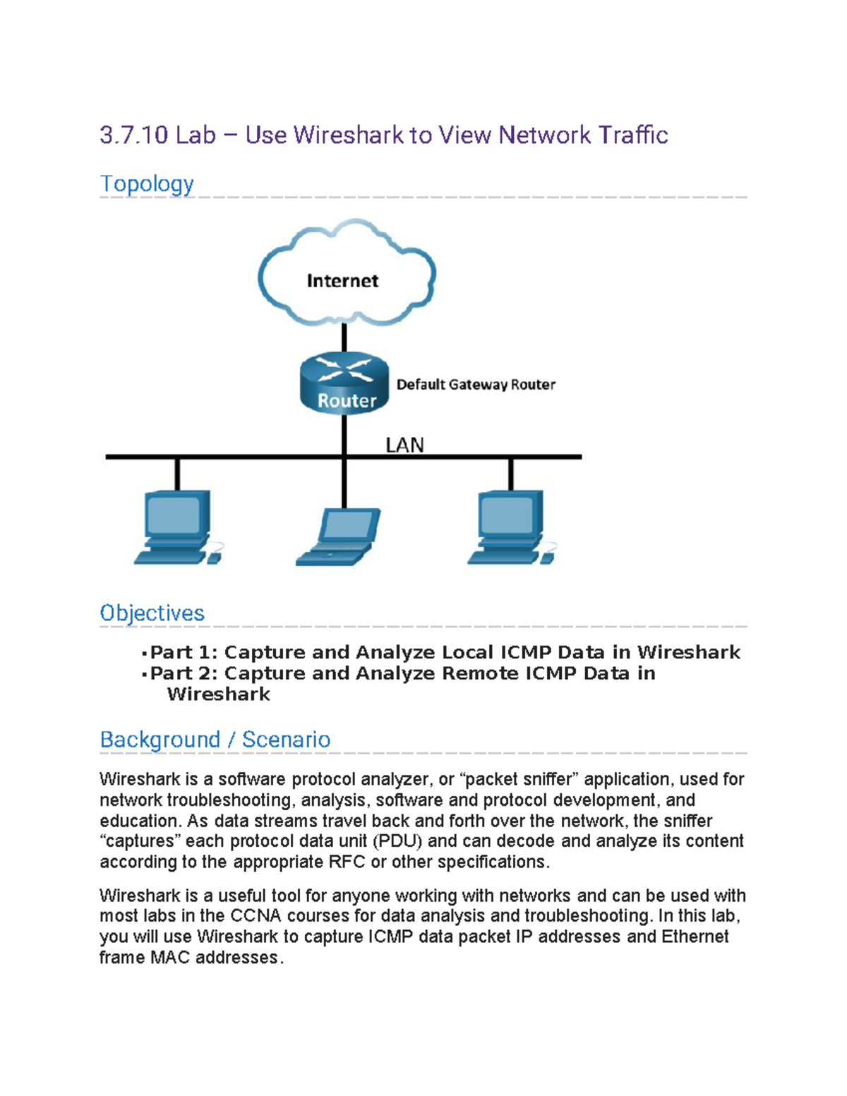 ejercicio apa 1 - 3.7 Lab – Use Wireshark to View Network Traffic Topology Objectives Part 1 ...