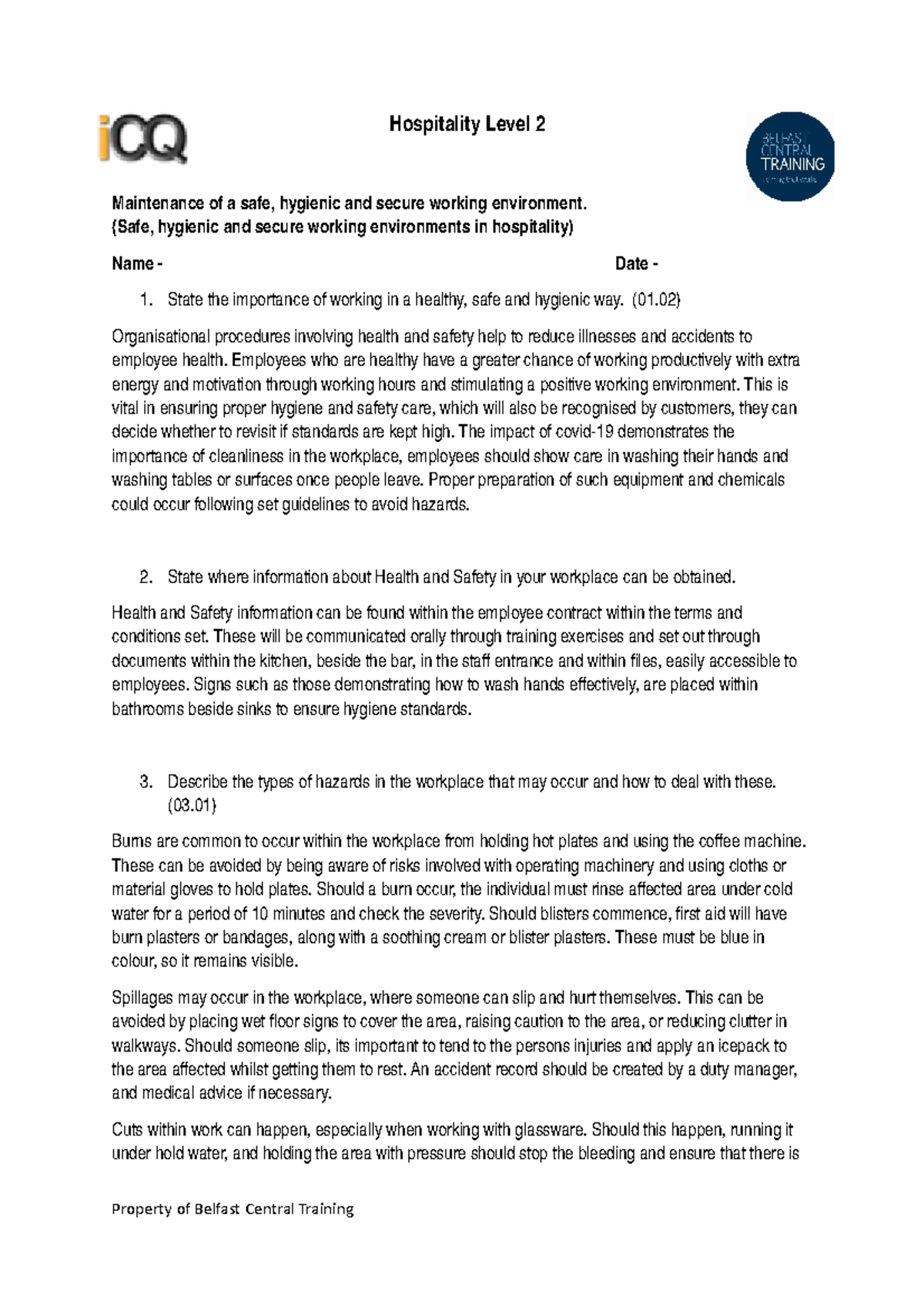 Health and Safety - Hospitality Level 2 Maintenance of a safe, hygienic ...