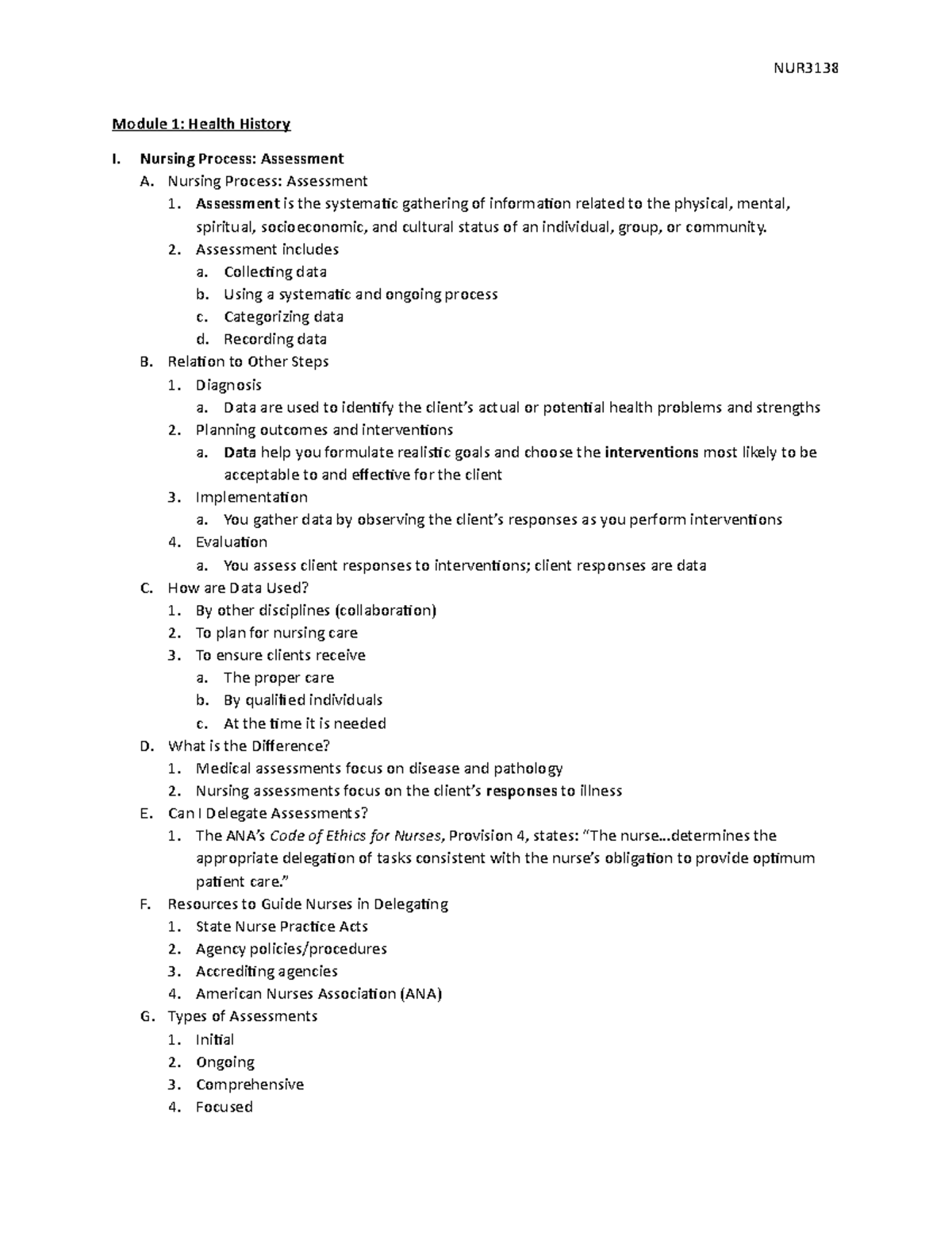 Module 1 - Health History - Nursing Process: Assessment A. Nursing ...