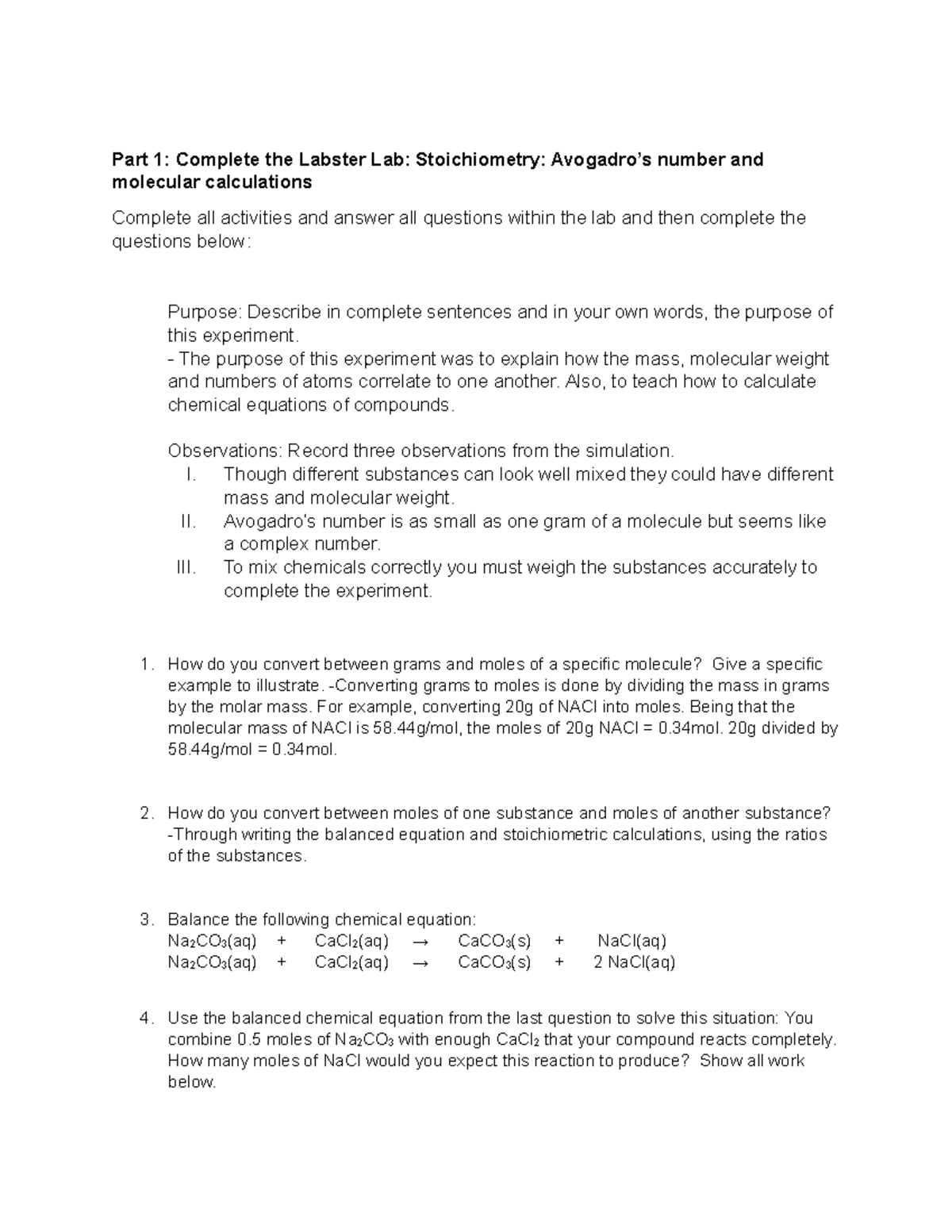 Chem Lab 3 Week 3 Lab Part 3 Part 1 Complete The Labster Lab Stoichiometry Avogadro S