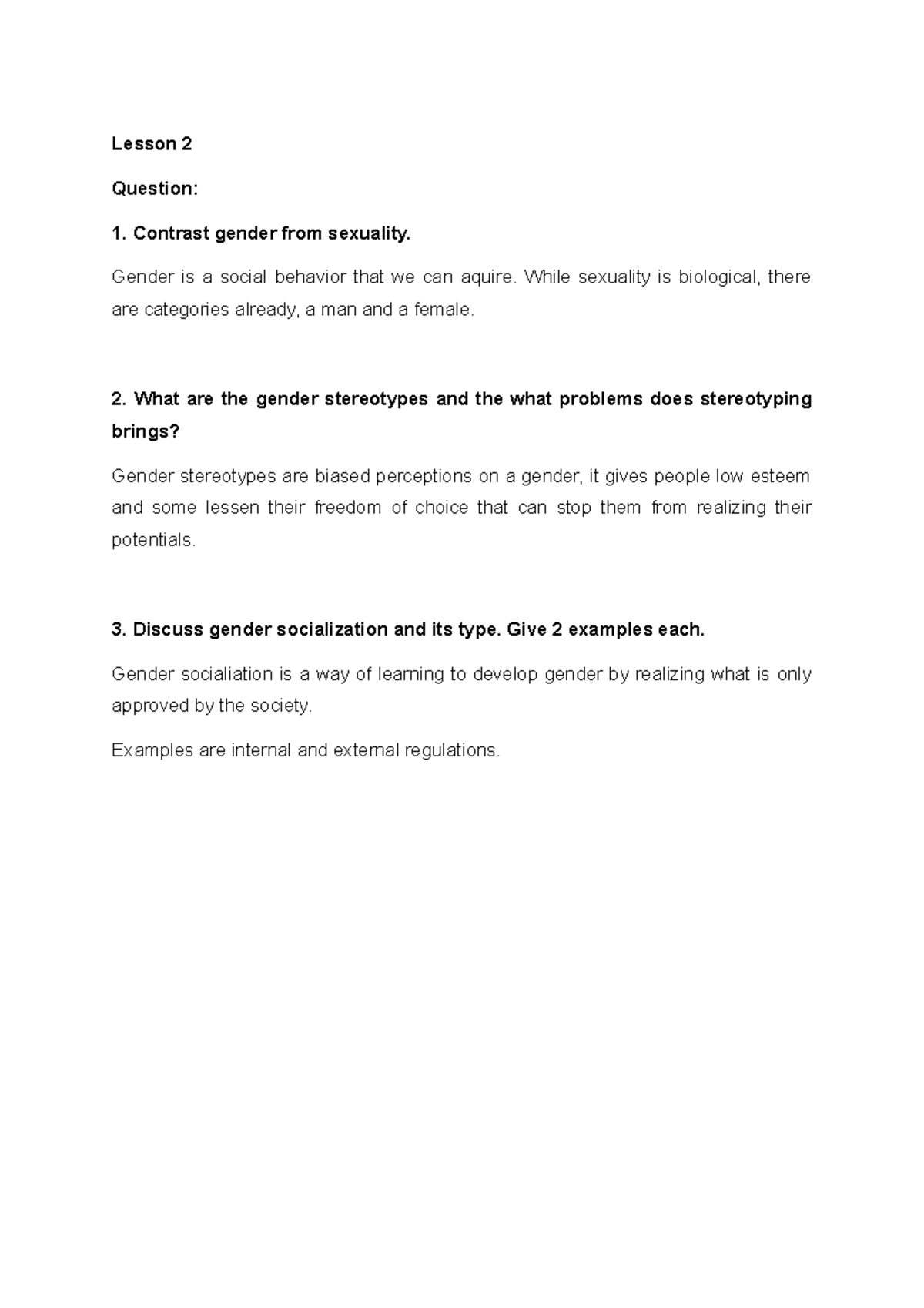 Lesson 2 and Lesson 3 - Lesson 2 Question: 1. Contrast gender from ...