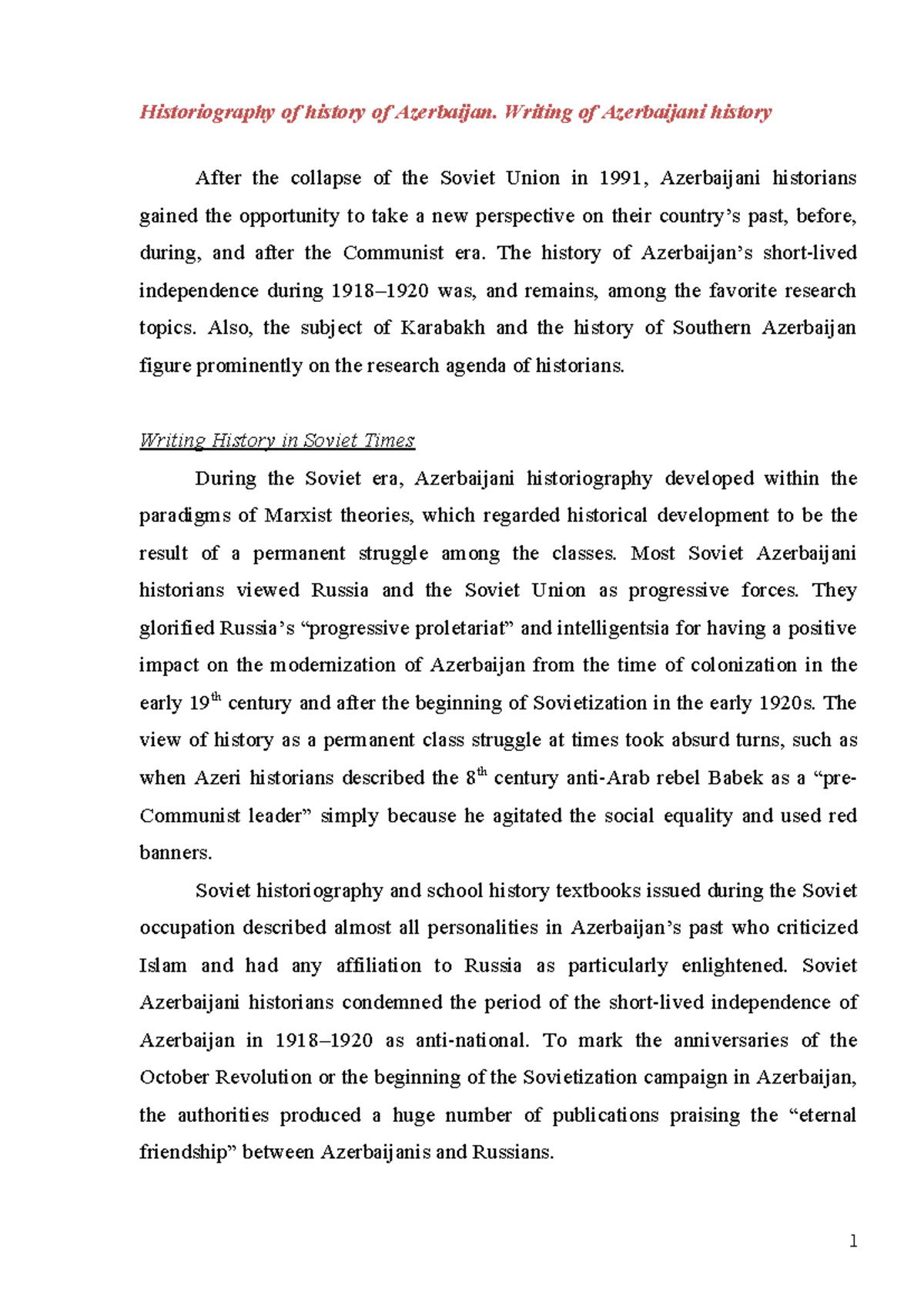 1 Historiography of history of Azerbaijan. Writing of Azerbaijani ...