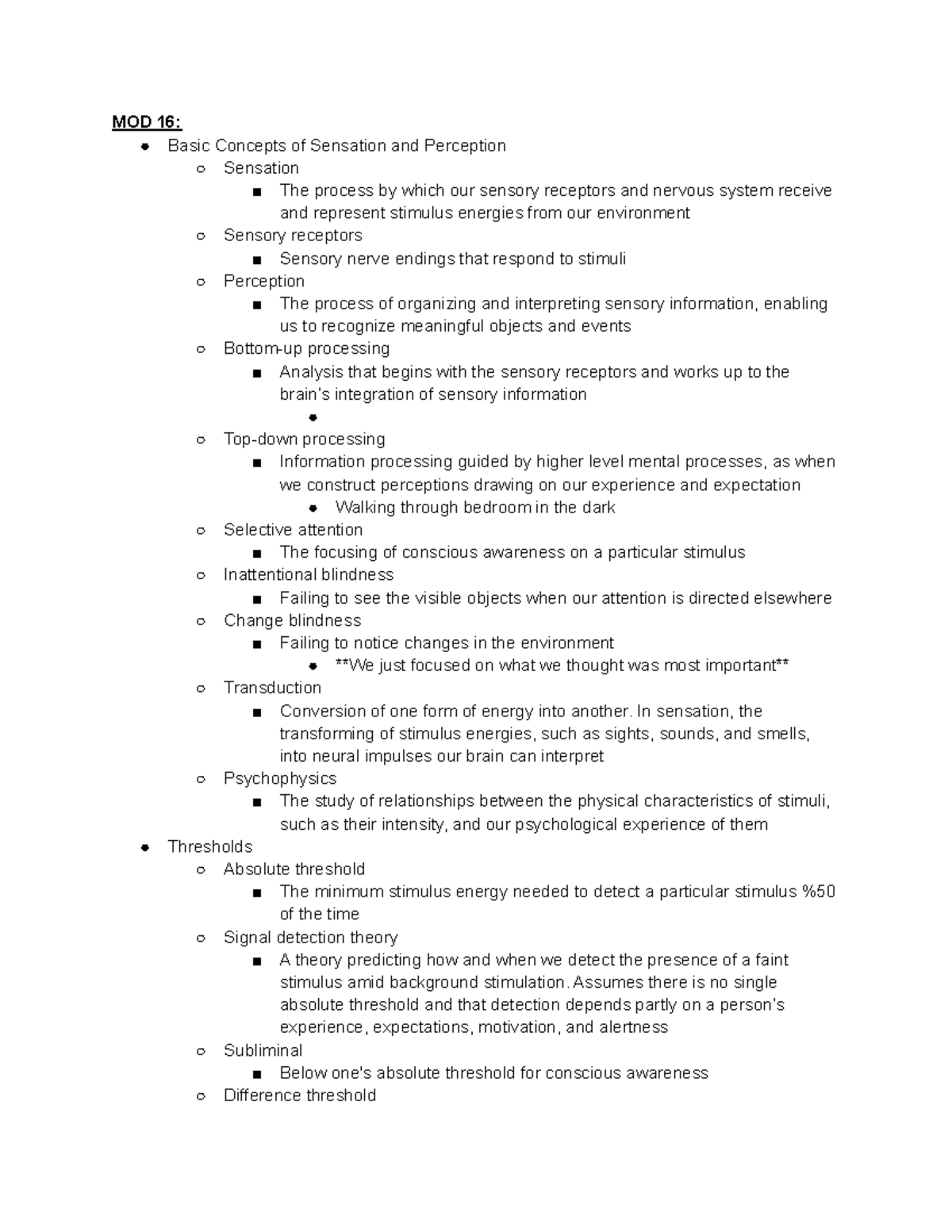 Psych notes mod 16-19 - MOD 16: Basic Concepts of Sensation and ...