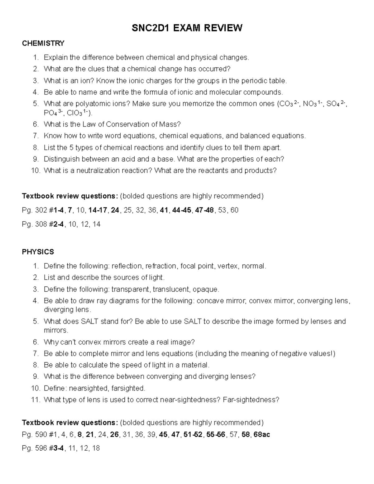 Copy of SNC2D1 EXAM Review - SNC2D1 EXAM REVIEW CHEMISTRY Explain the ...