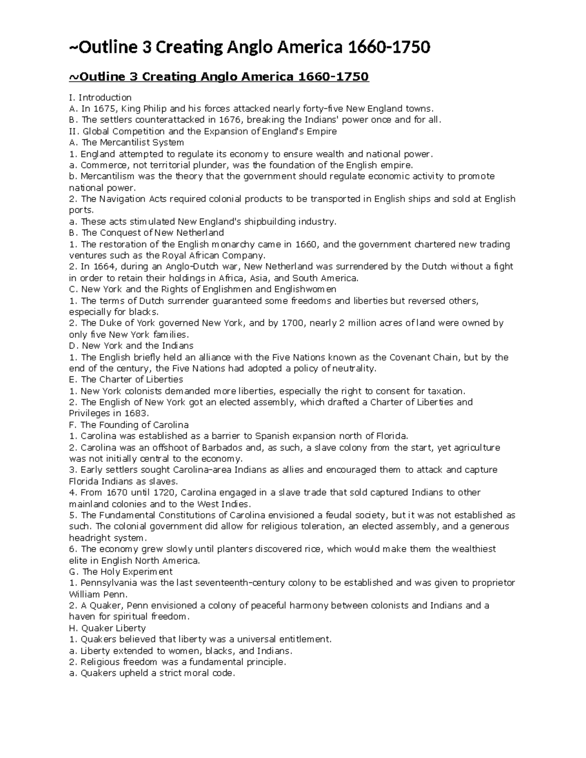 Outline 3 Creating Anglo America 1660-1750 - ~Outline 3 Creating Anglo ...