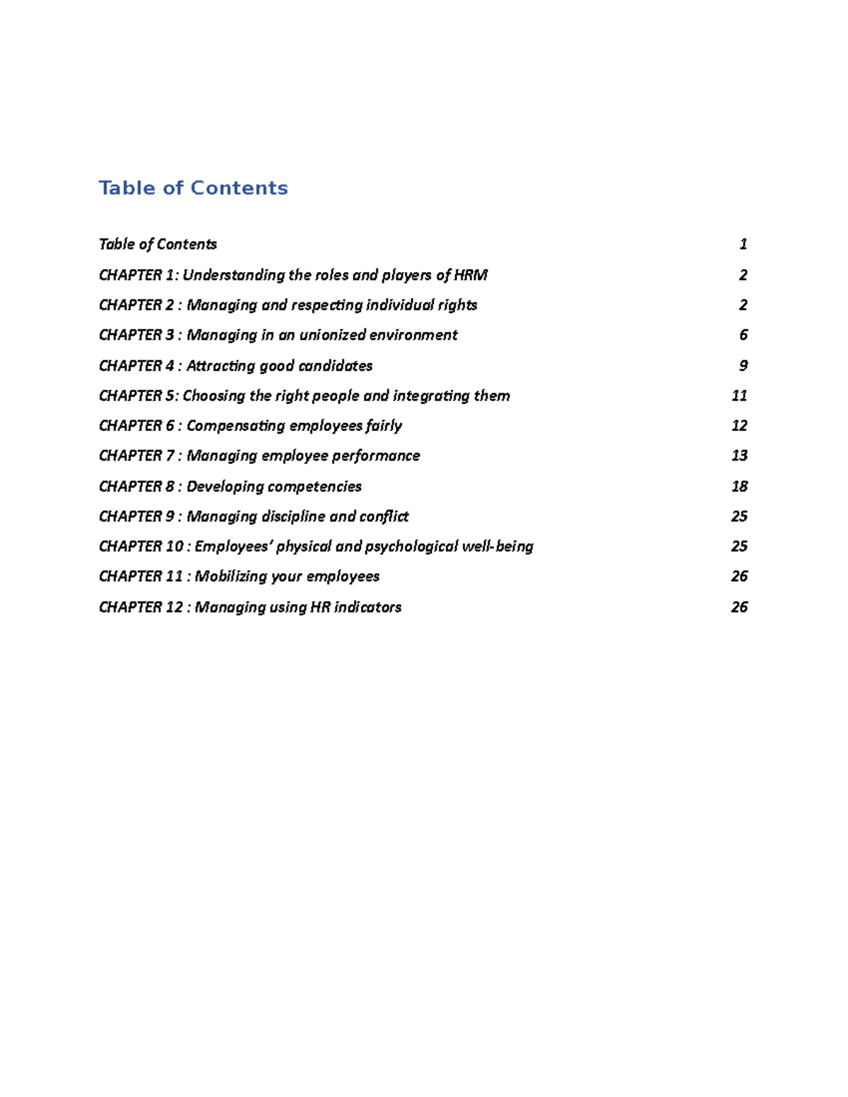 Notes Human Resources Management - HRM FINAL Table of Contents Table of ...