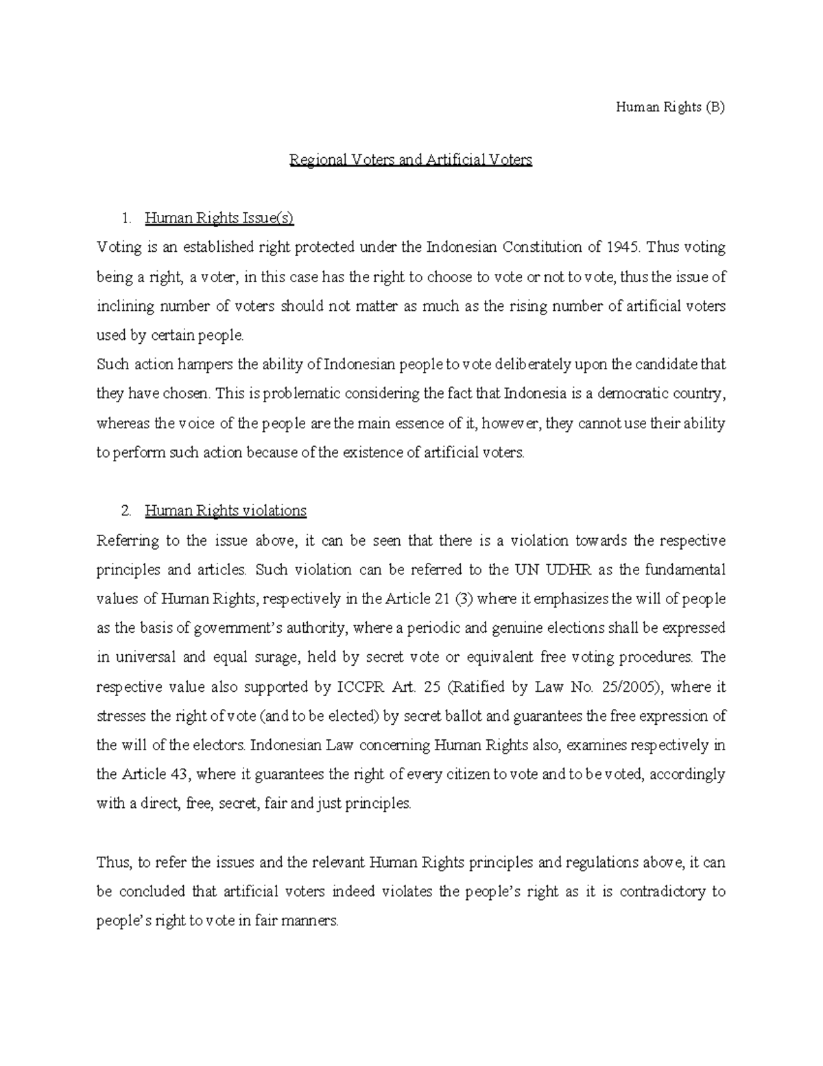 Human Rights Assignment - Voters - Human Rights (B) Regional Voters and ...