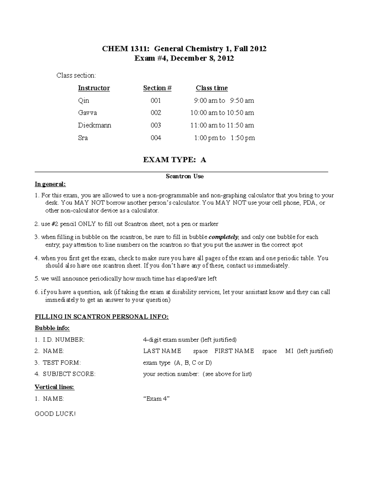 KEY Exam4 1311 F12 v A - full-length exam with answer keys and grading ...
