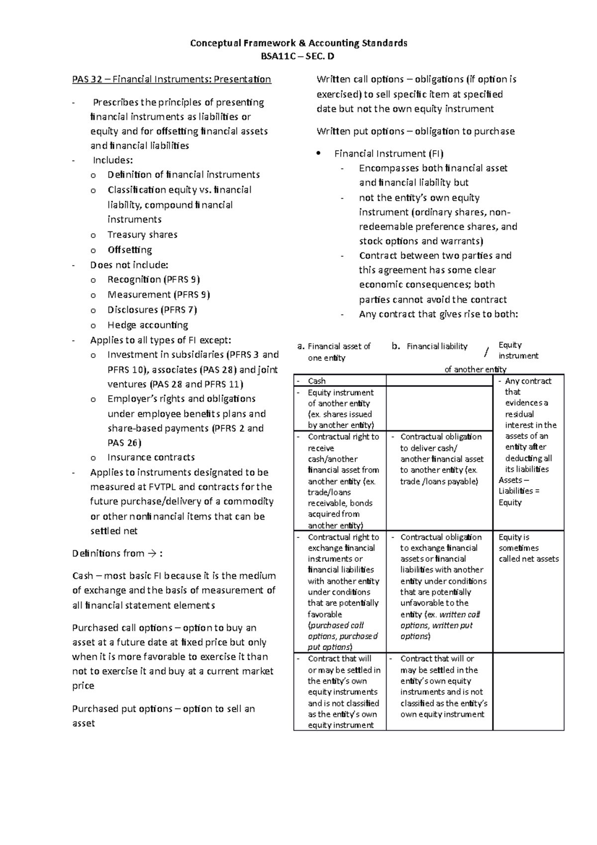 PAS 32 - Financial instruments - BSA11C – SEC. D PAS 32 – Financial ...