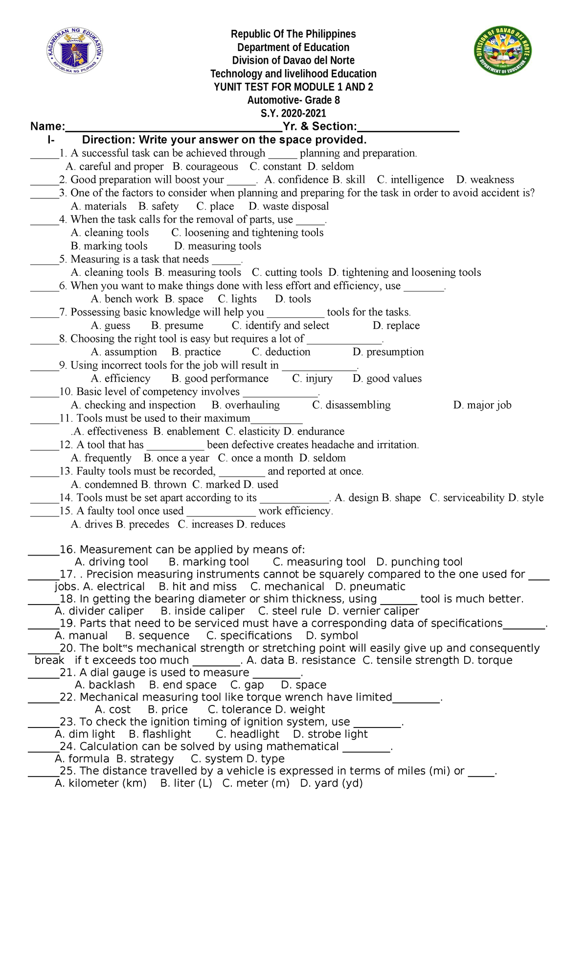T.L.E 8 summative test automotive - Republic Of The Philippines ...