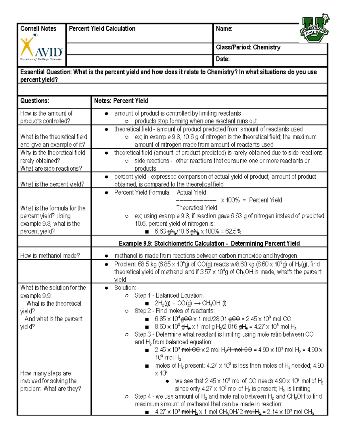 Percent Yield Calculation Cornell Notes - Cornell Notes Percent Yield ...