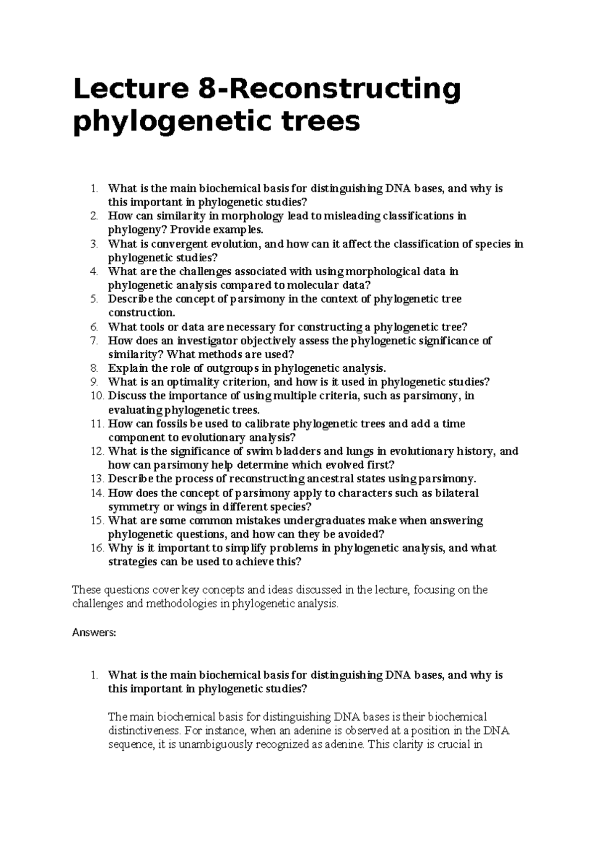 ED lecture exam questions - Lecture 8-Reconstructing phylogenetic trees What is the main ...