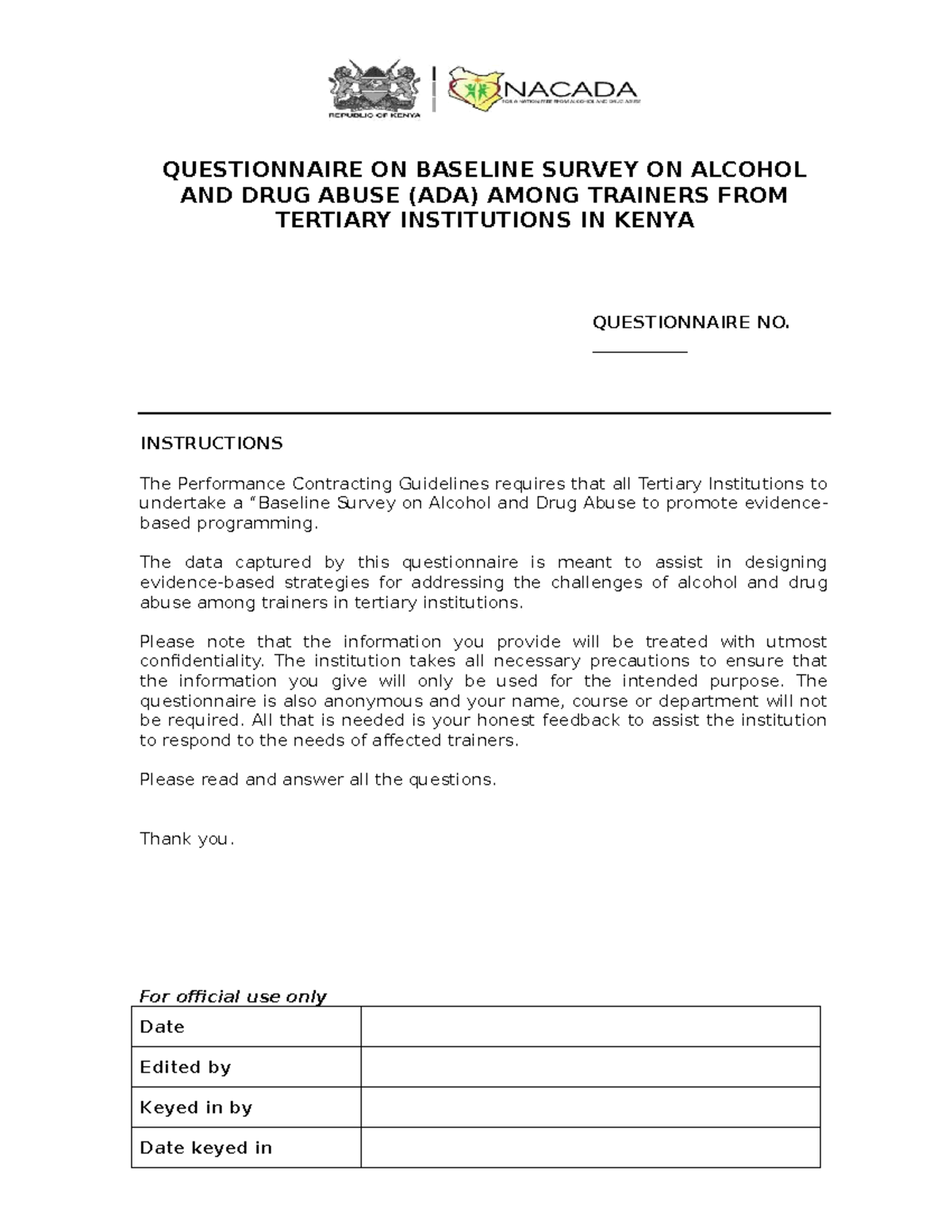 Nacada Trainers questionnaire - QUESTIONNAIRE ON BASELINE SURVEY ON ...