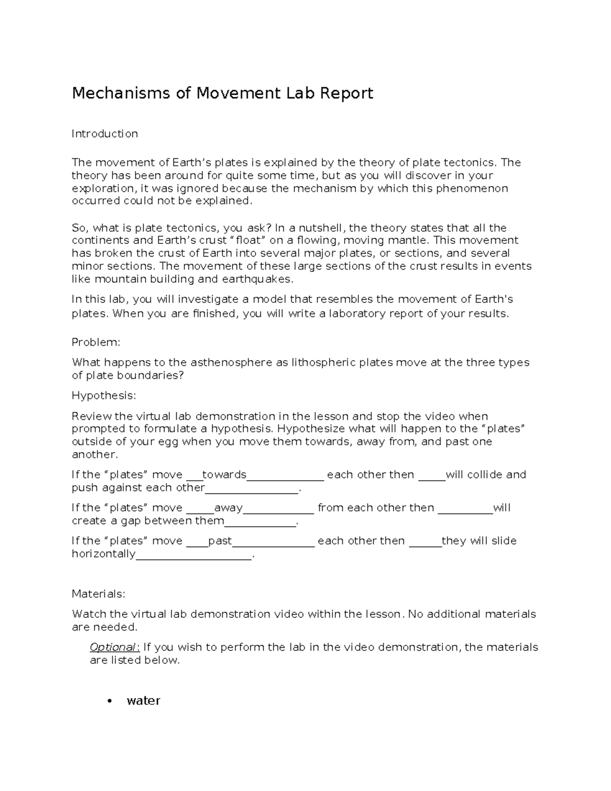 Mechanisms movement lab report - Mechanisms of Movement Lab Report ...