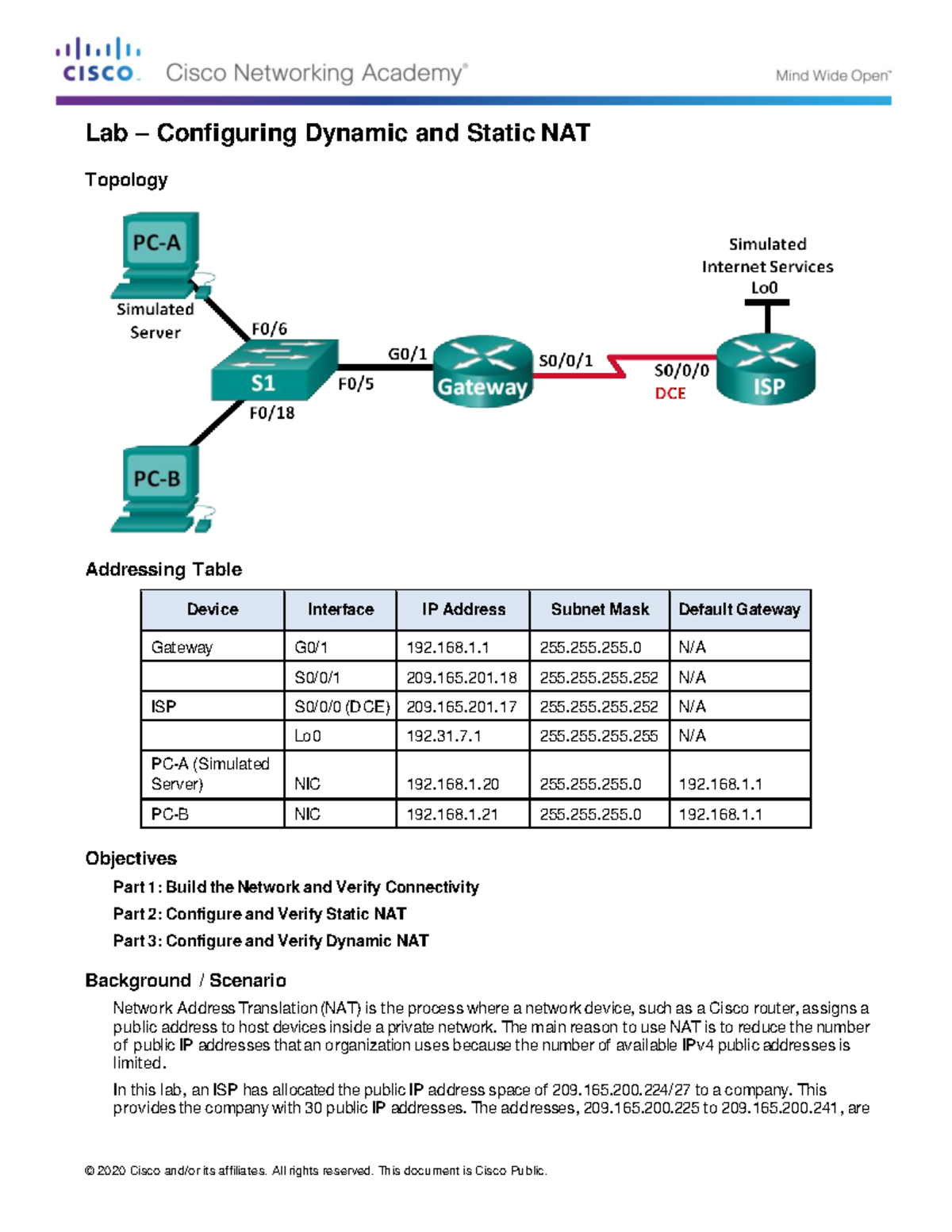 Lab 92 Configuring Dynamic And Static Nat Topology Addressing Table Device Interface Ip