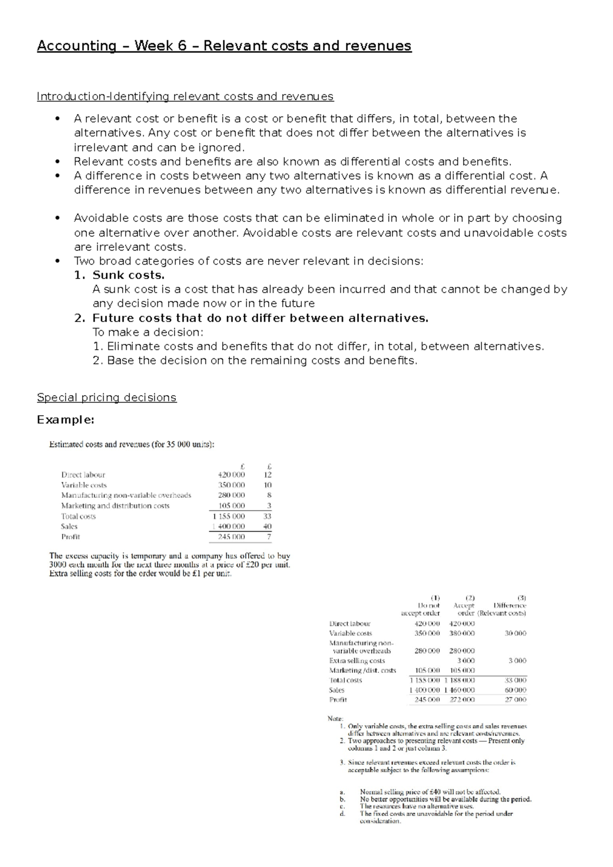 Accounting 2B Week 6 Notes - Accounting – Week 6 – Relevant costs and ...