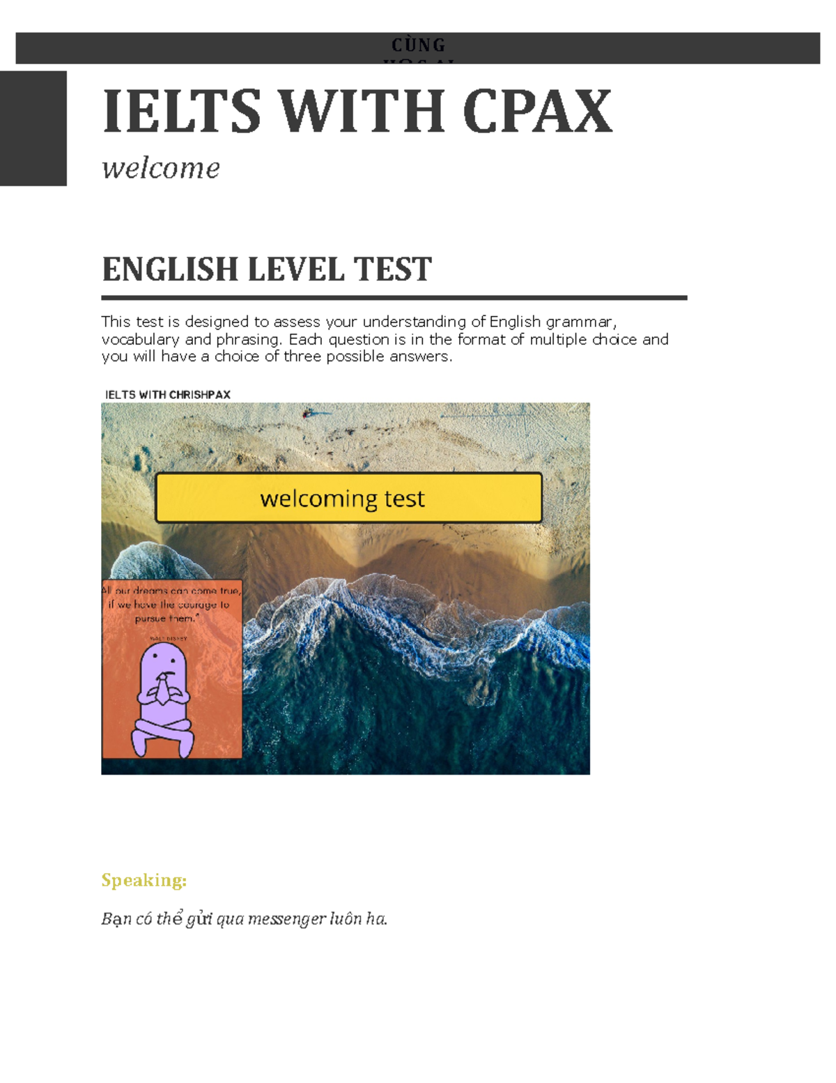 Level-test-1 - đánh giá - IELTS WITH CPAX welcome ENGLISH LEVEL TEST ...