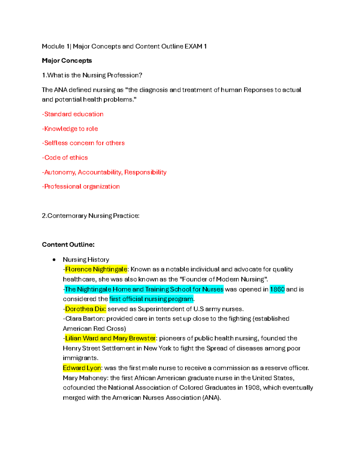 Module 1 Major Concepts and Content Outline EXAM 1 - ” Standard ...
