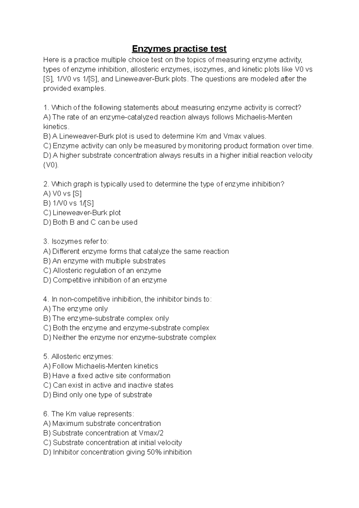 Enzymes practise test - Enzymes practise test Here is a practice ...