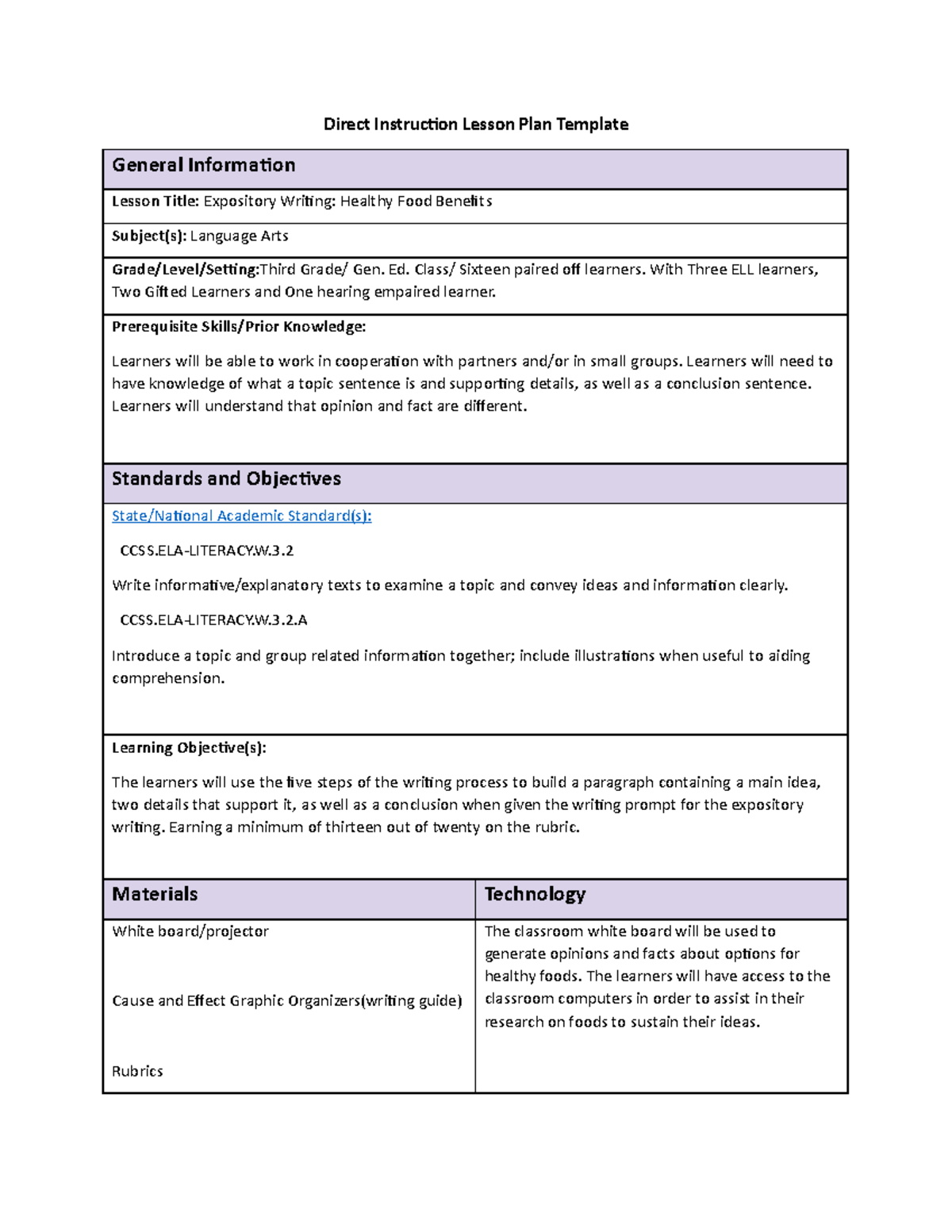 Direct Instruction Lesson Plan template - Direct Instruction Lesson ...