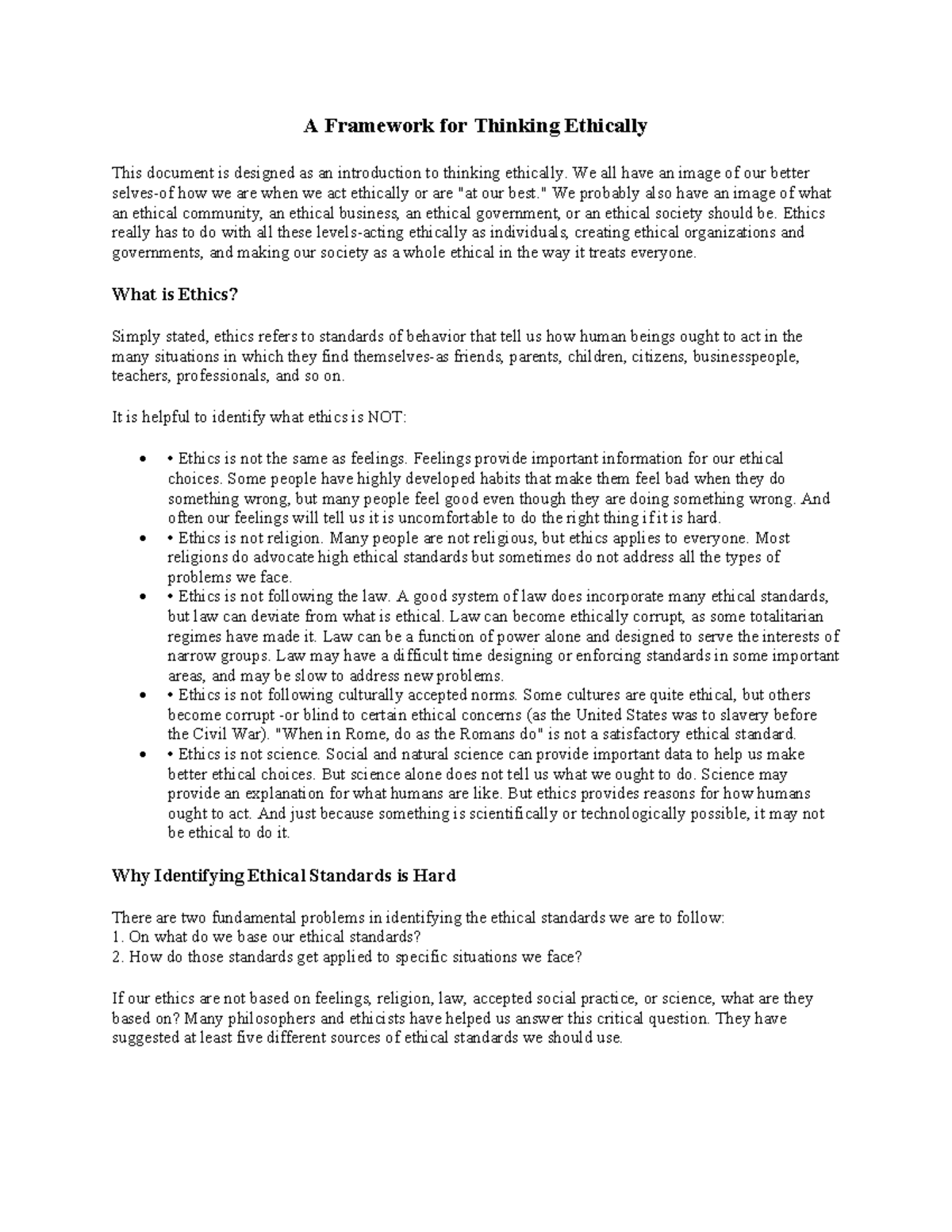 A Framework for Thinking Ethically - We all have an image of our better ...