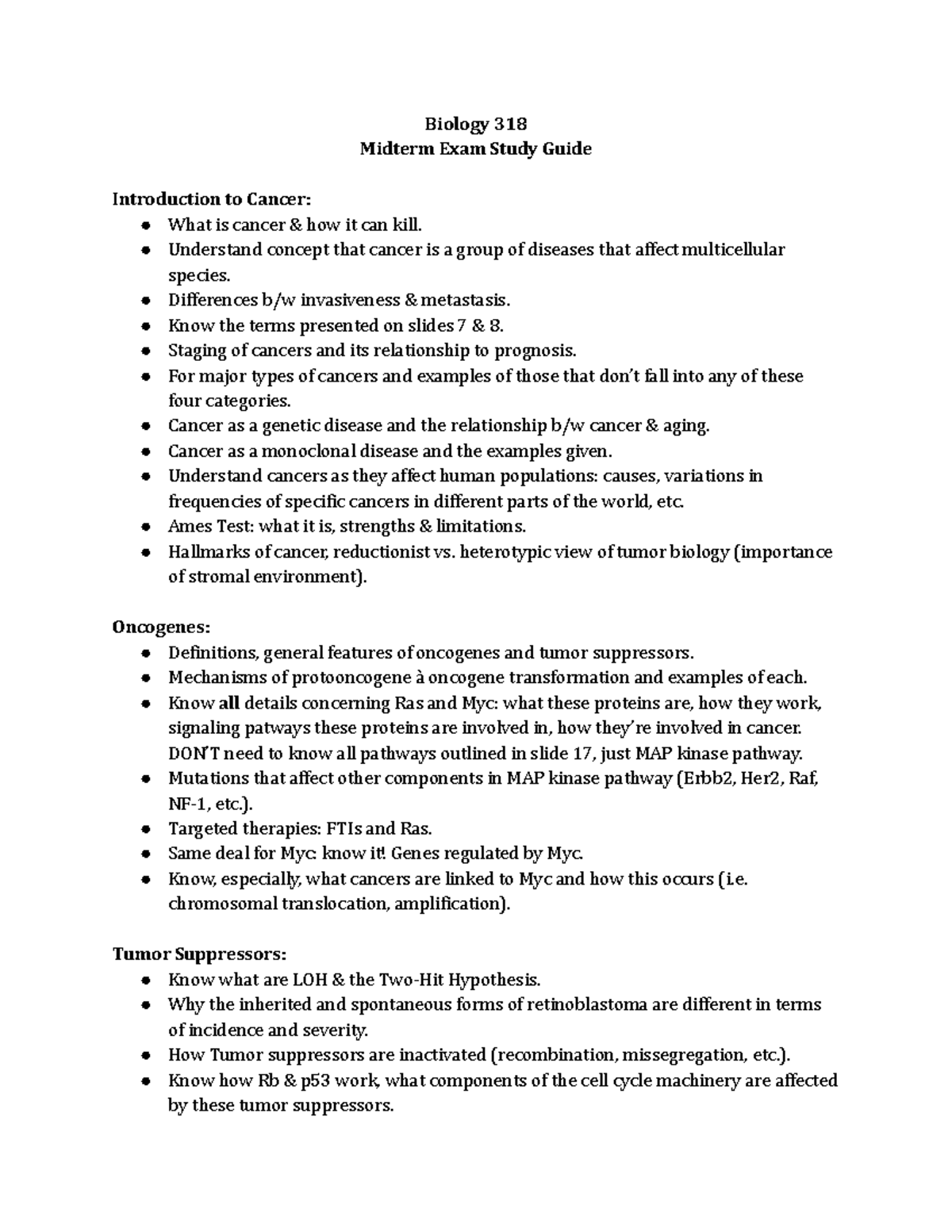 BIO 318 Study Guide Summer 2021 Midterm 1 - Biology 318 Midterm Exam ...