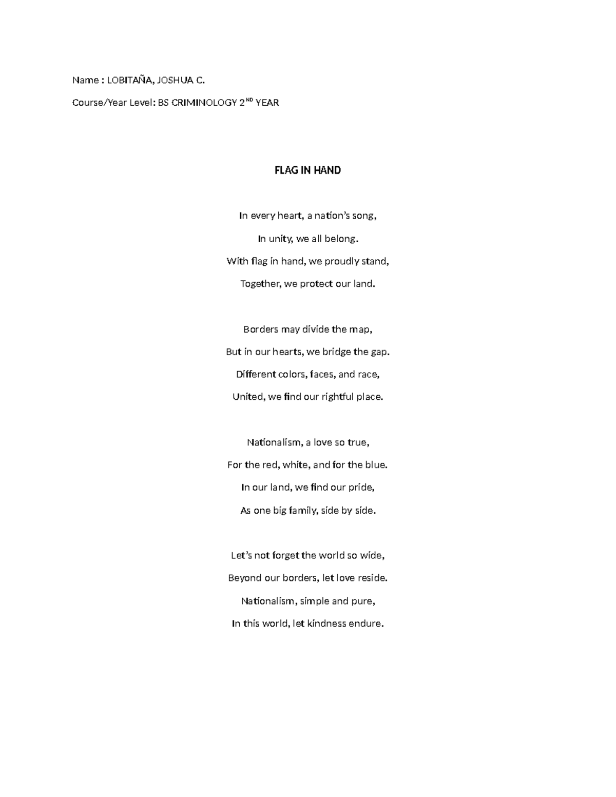 LIFE AND Works OF Rizal- POEM About Nationalism - Name : LOBITAÑA ...